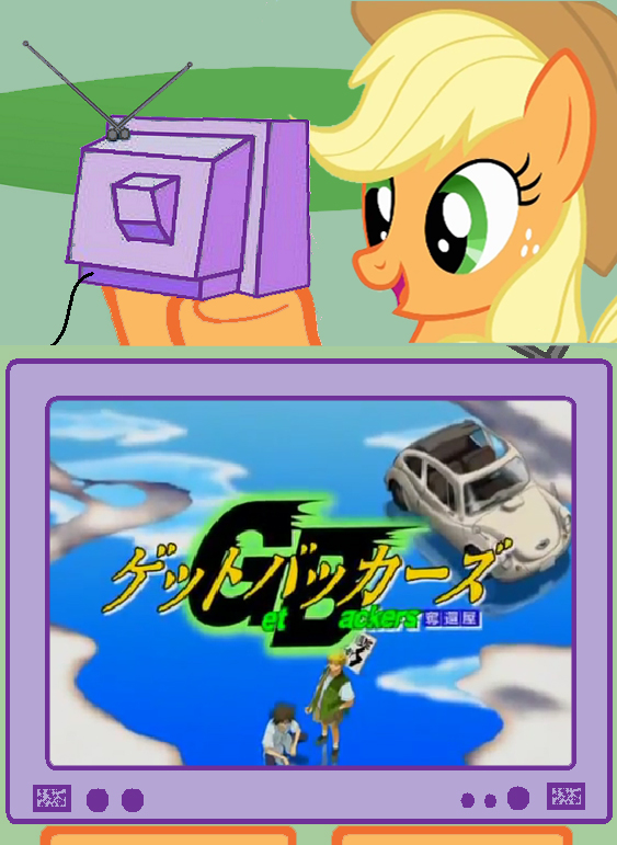 #729038 - safe, applejack, g4, anime, ban midou, car, exploitable meme ...