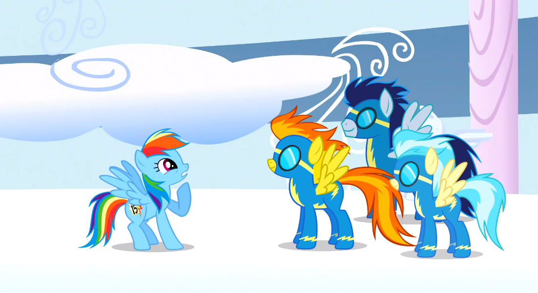 #825665 - safe, screencap, misty fly, rainbow dash, soarin', spitfire ...