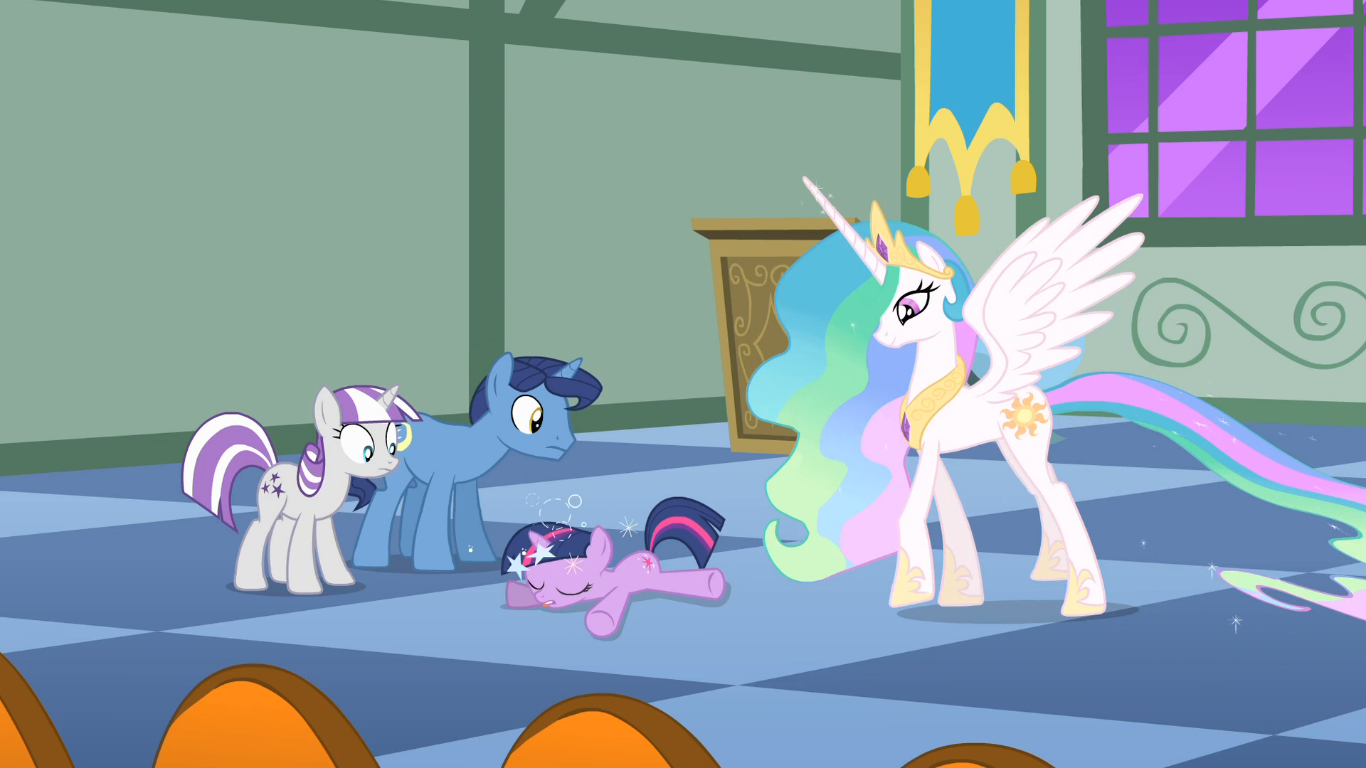 #837275 - safe, screencap, night light, princess celestia, twilight sparkle, twilight velvet ...