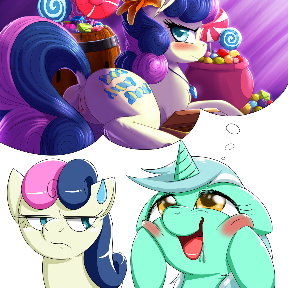 #852234 - explicit, artist:pusspuss, artist:ushiro no kukan, bon bon, lyra heartstrings, sweetie ...