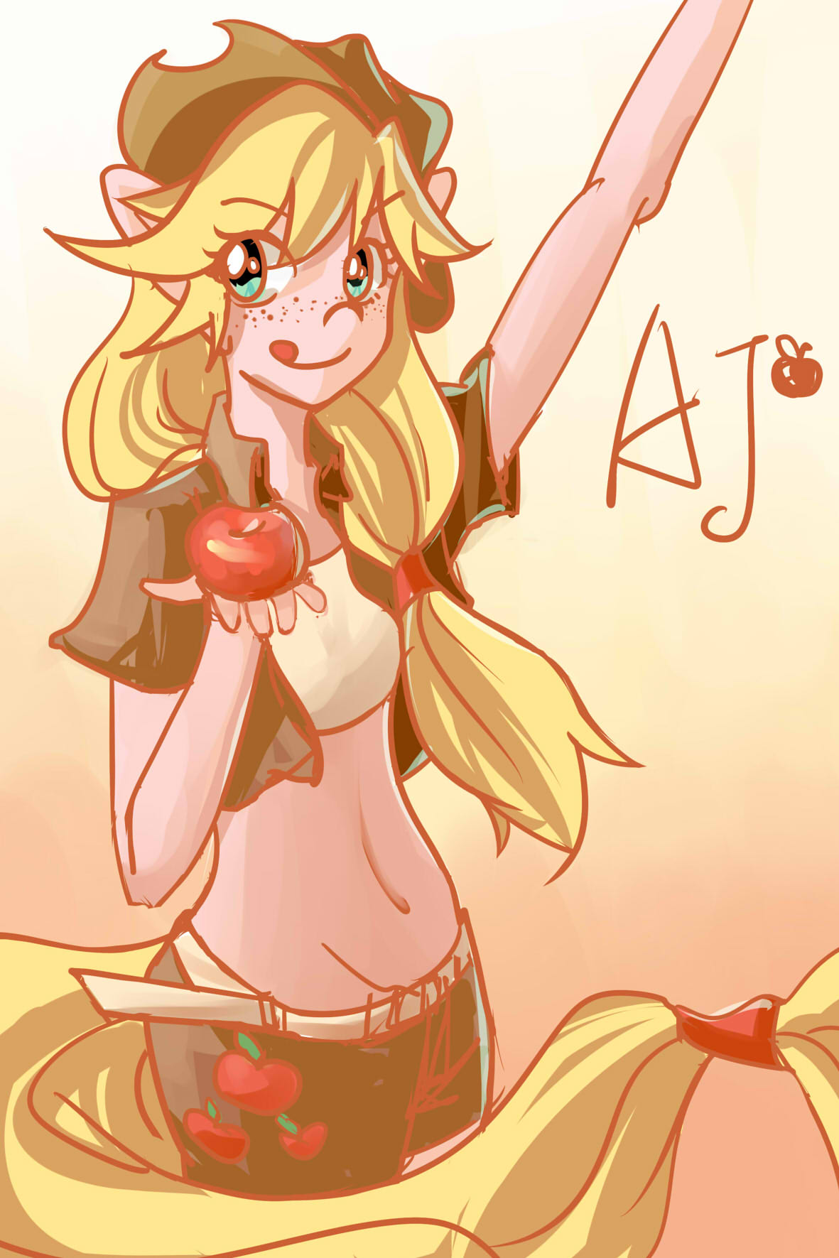 #899688 - safe, artist:shmily, applejack, earth pony, anthro, g4, :p, apple, female, pixiv, solo ...