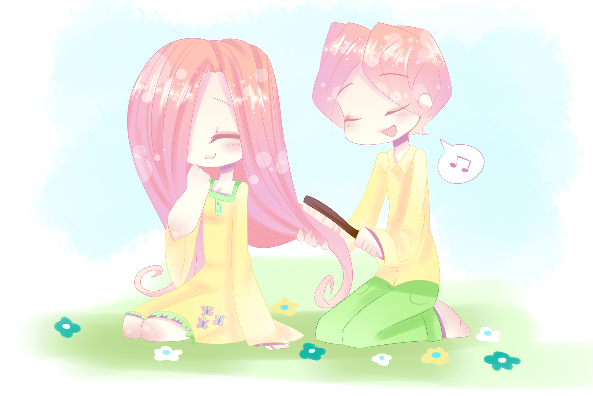 #959441 - safe, artist:celinesparkle, fluttershy, human, brushing ...