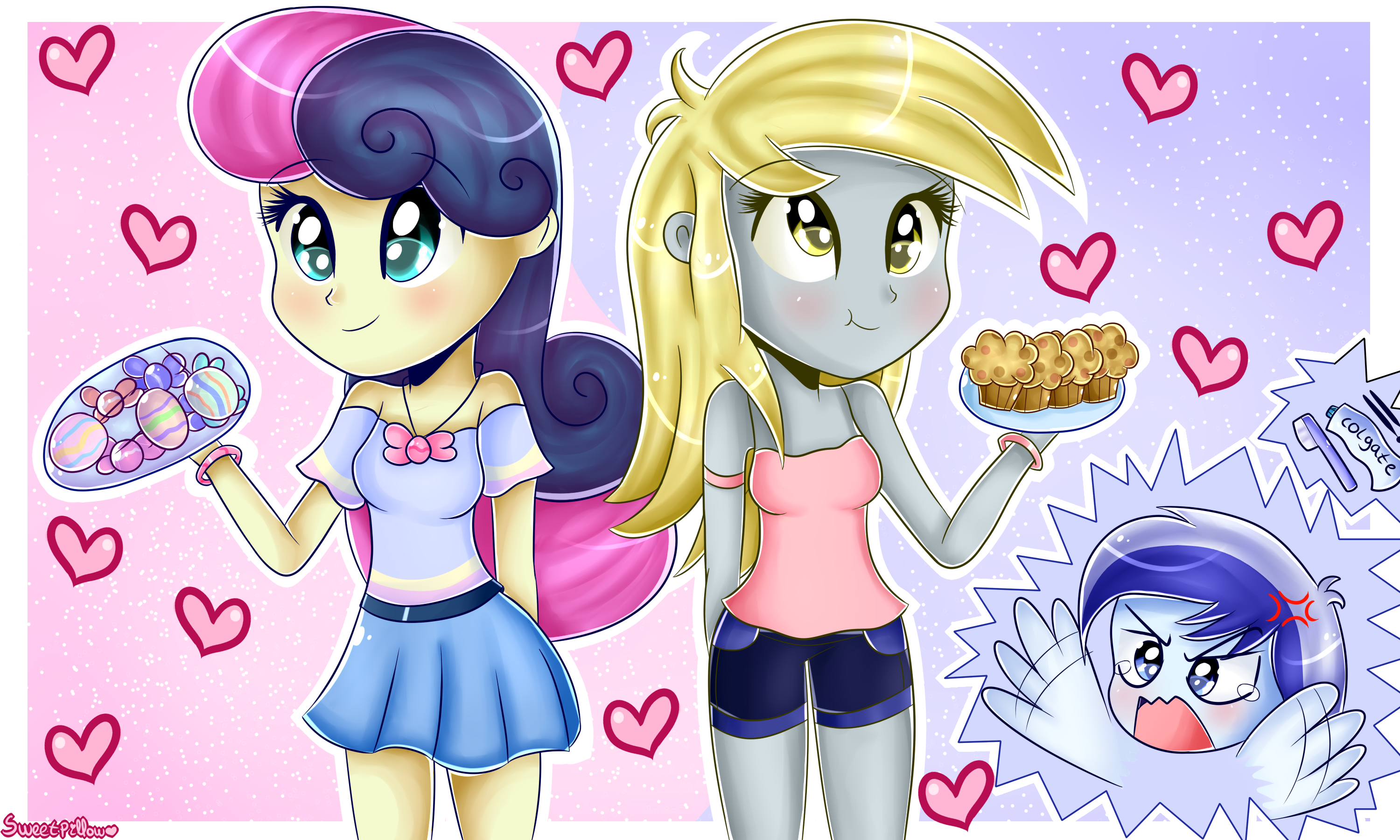 #966539 - safe, artist:vixelzf, bon bon, derpy hooves, minuette ...