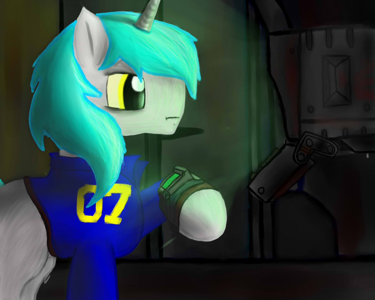 #1063510 - fallout equestria, pipbuck, pony, safe, solo, terminal ...