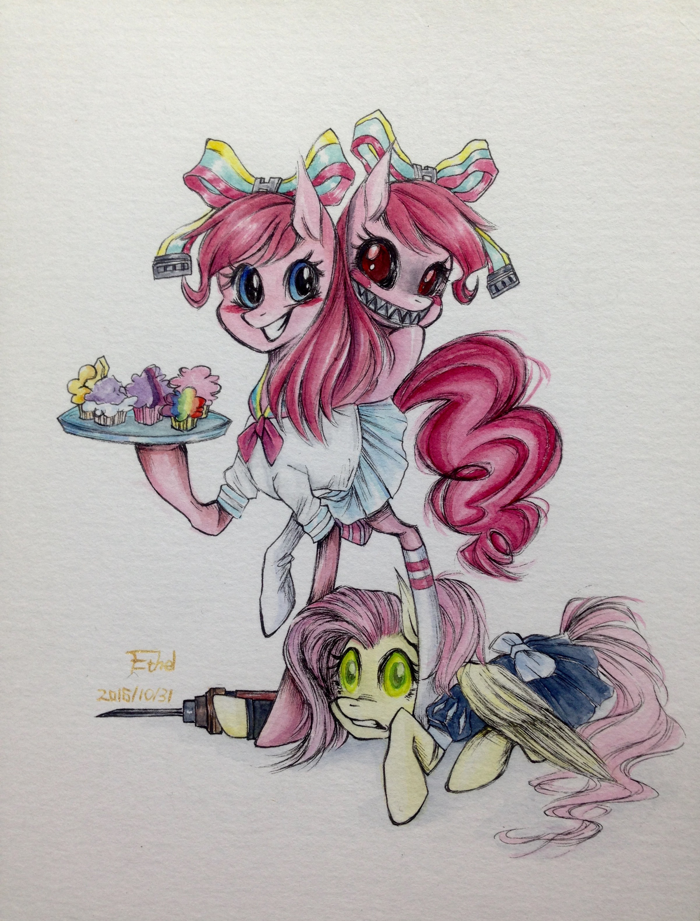 #1286326 - semi-grimdark, artist:aiden, fluttershy, pinkie pie, pegasus, pony, fanfic:cupcakes ...