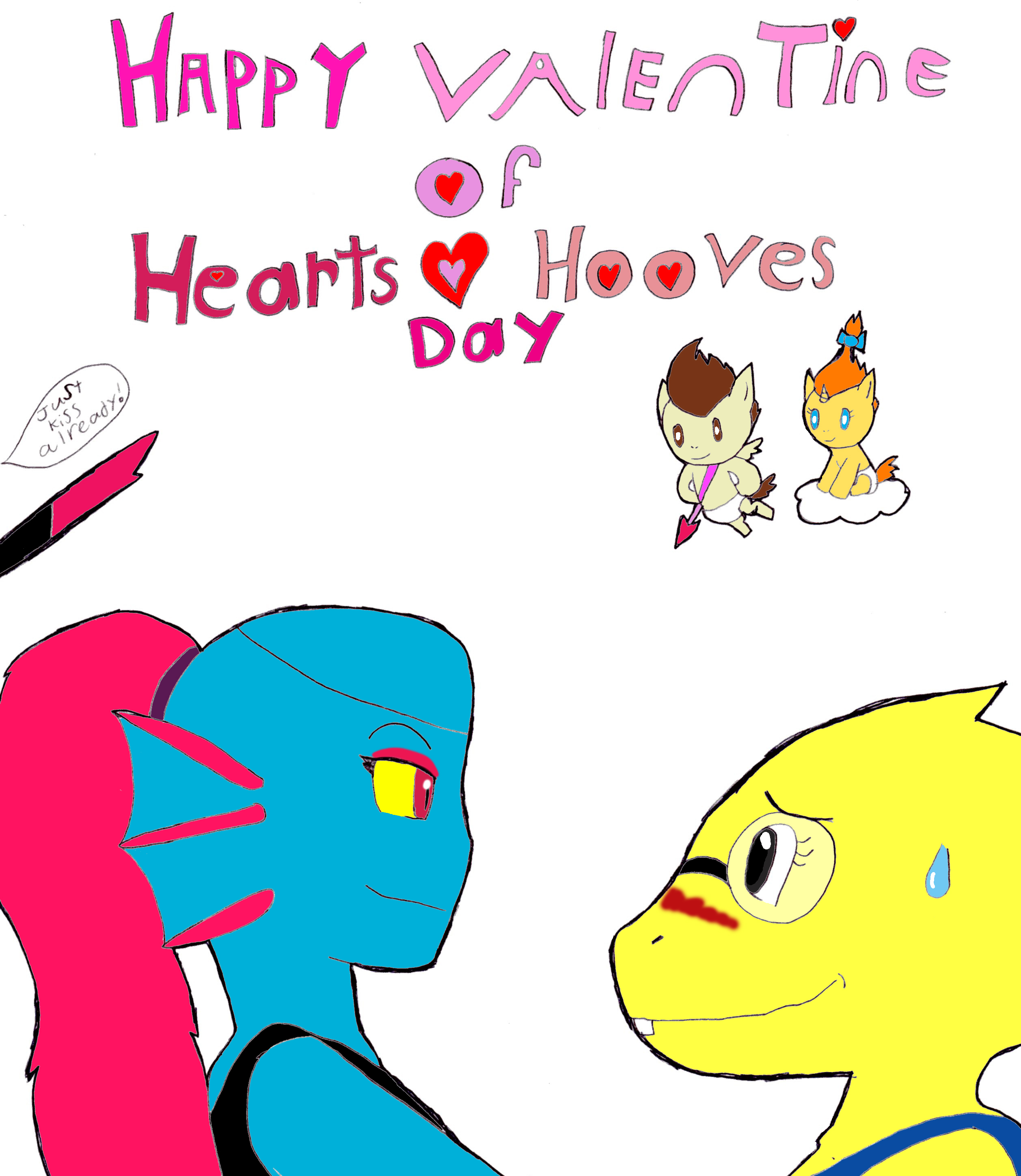 #1088405 - safe, artist:pokeneo1234, pound cake, pumpkin cake, alphys, crossover, female, hearts ...