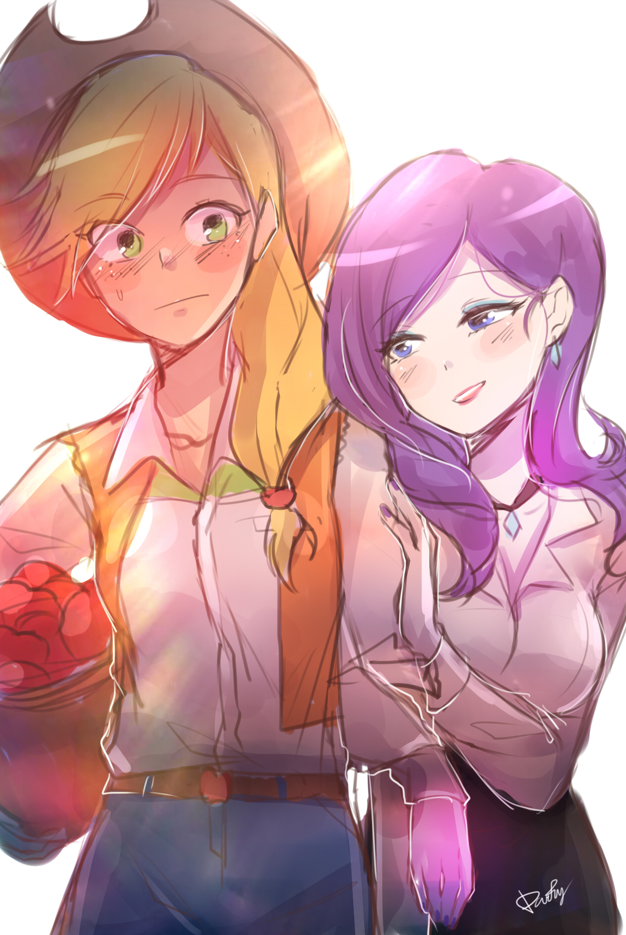 #1139041 - safe, artist:odaefnyo, applejack, rarity, human, g4, apple ...