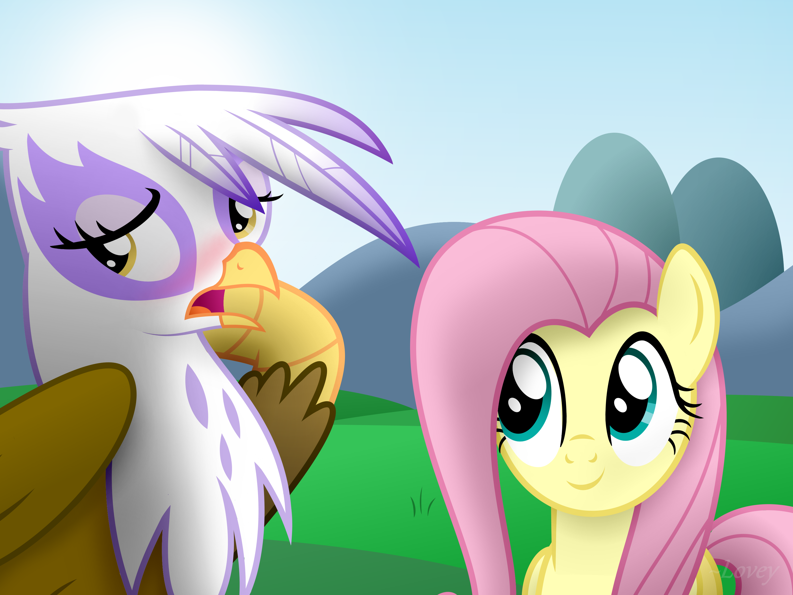 #1178260 - safe, artist:lil-lovey, fluttershy, gilda, griffon, apology ...
