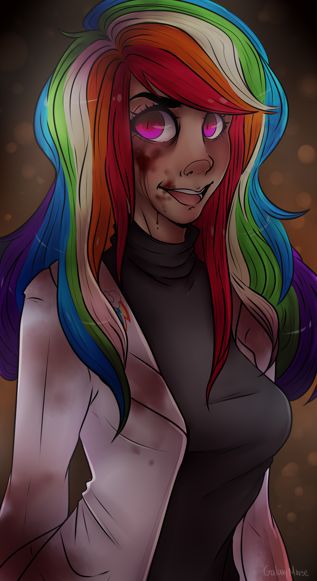 #1183484 - semi-grimdark, artist:galaxymouse, rainbow dash, human, fanfic:rainbow factory, blood ...
