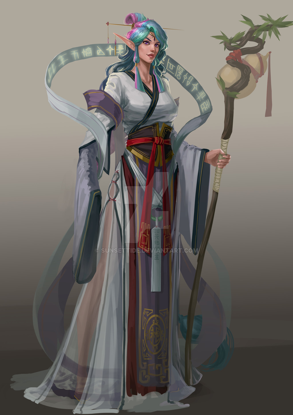 #1573593 - safe, artist:sunset tide, princess celestia, elf, human, g4 ...