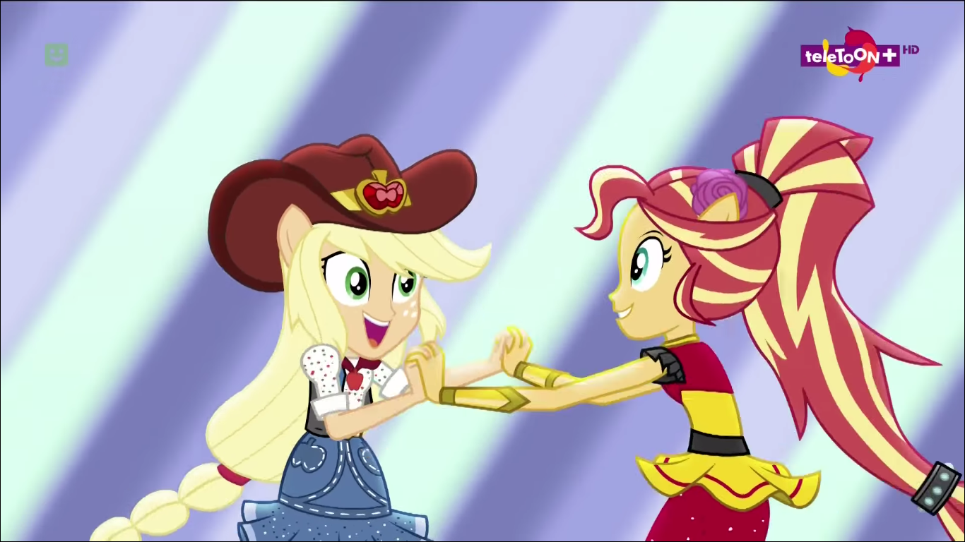 #1439244 - safe, screencap, applejack, sunset shimmer, human, equestria ...
