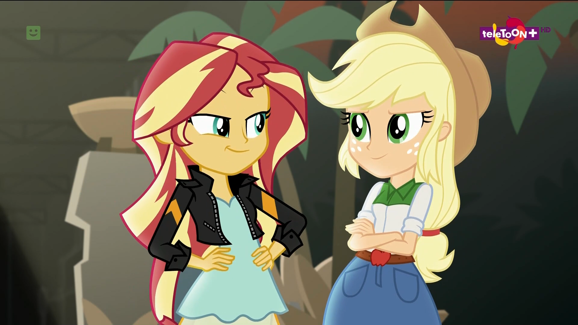 #1442396 - safe, screencap, applejack, sunset shimmer, equestria girls ...