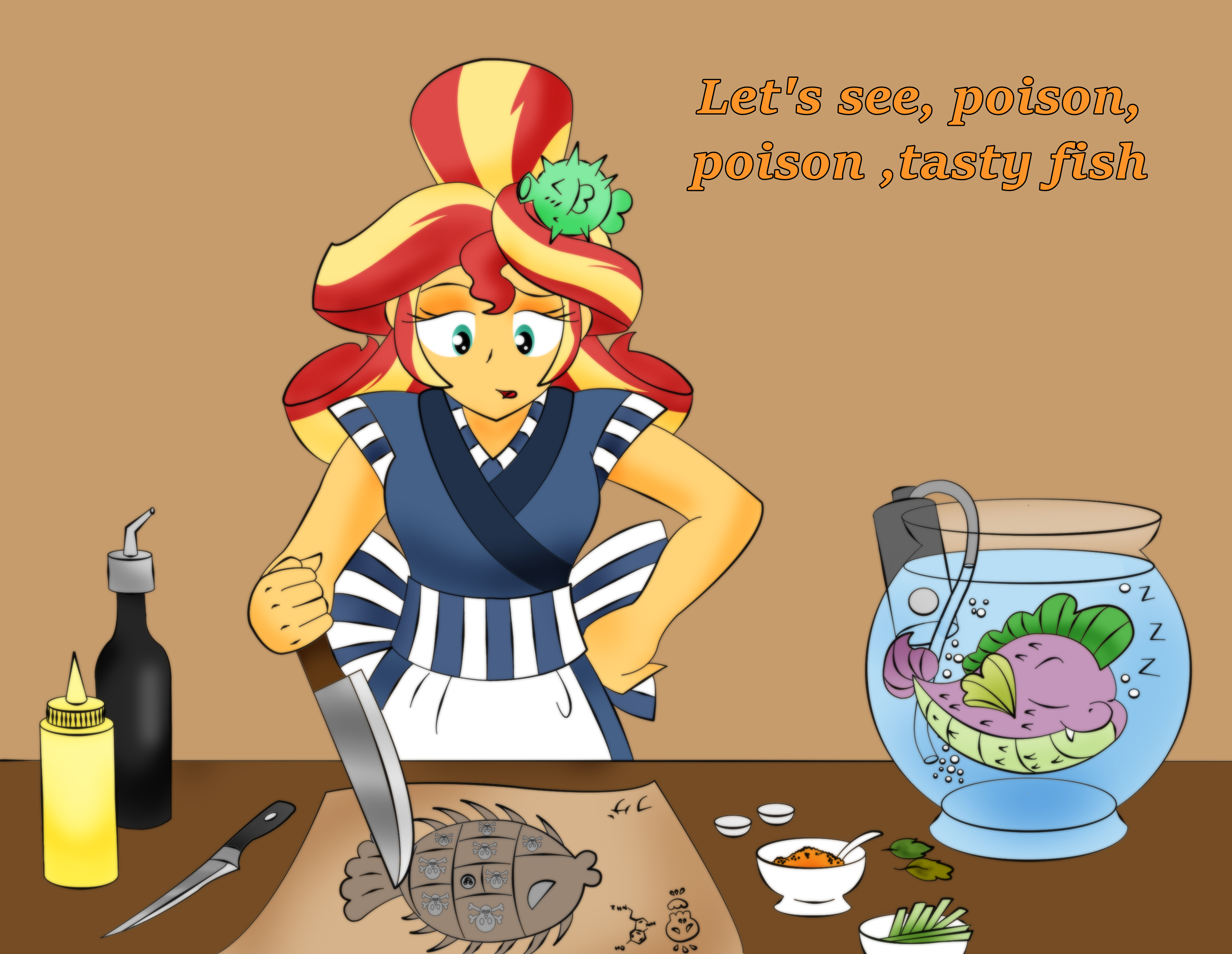 #1544910 - safe, artist:poseidonathenea, spike, sunset shimmer, fish ...