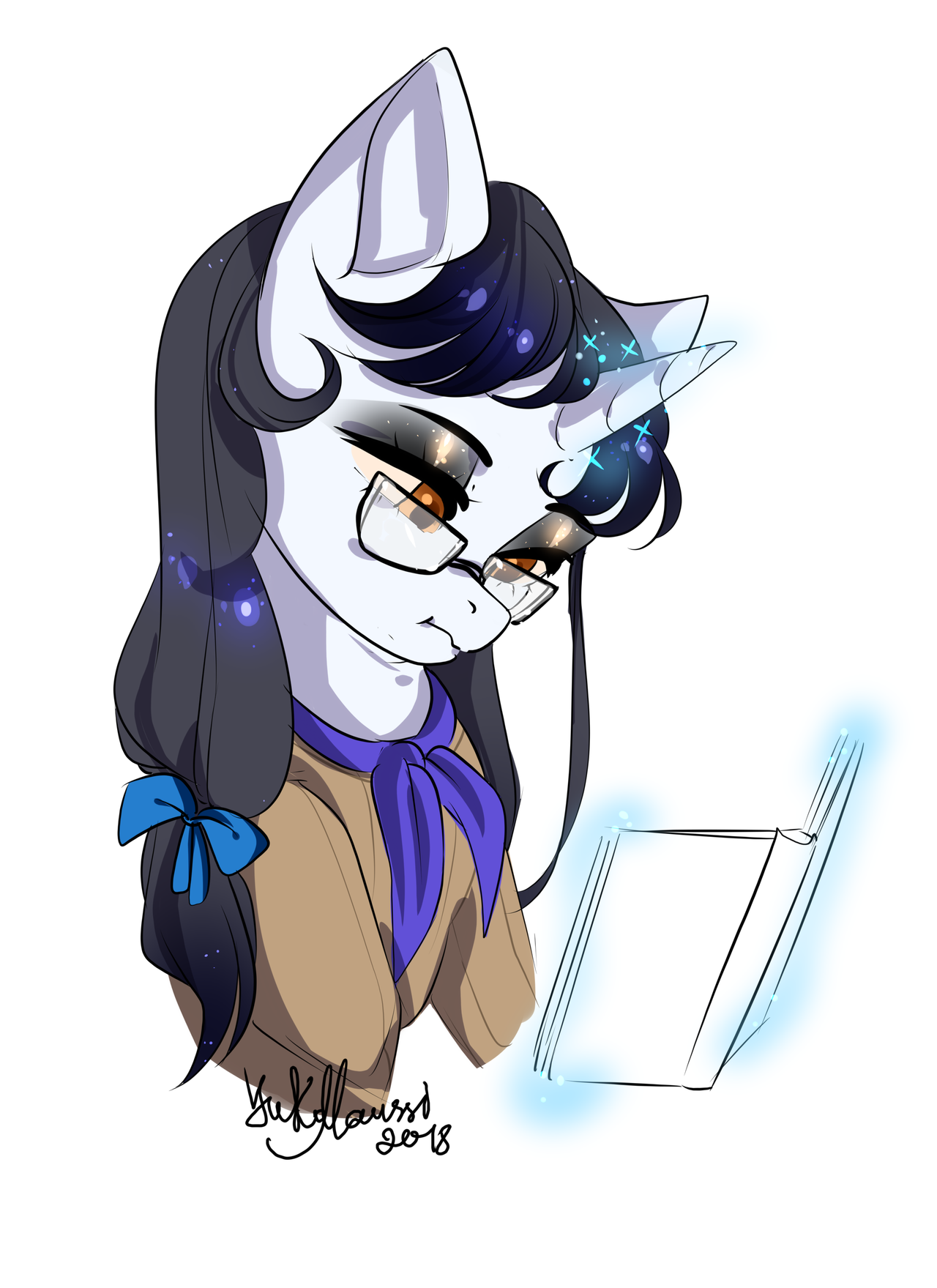 #1871660 - safe, artist:yukomaussi, oc, book, bust, glasses, horn ...