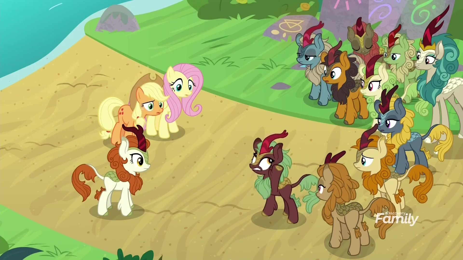 #1877592 - safe, screencap, applejack, autumn afternoon, autumn blaze, cinder glow, fern flare ...
