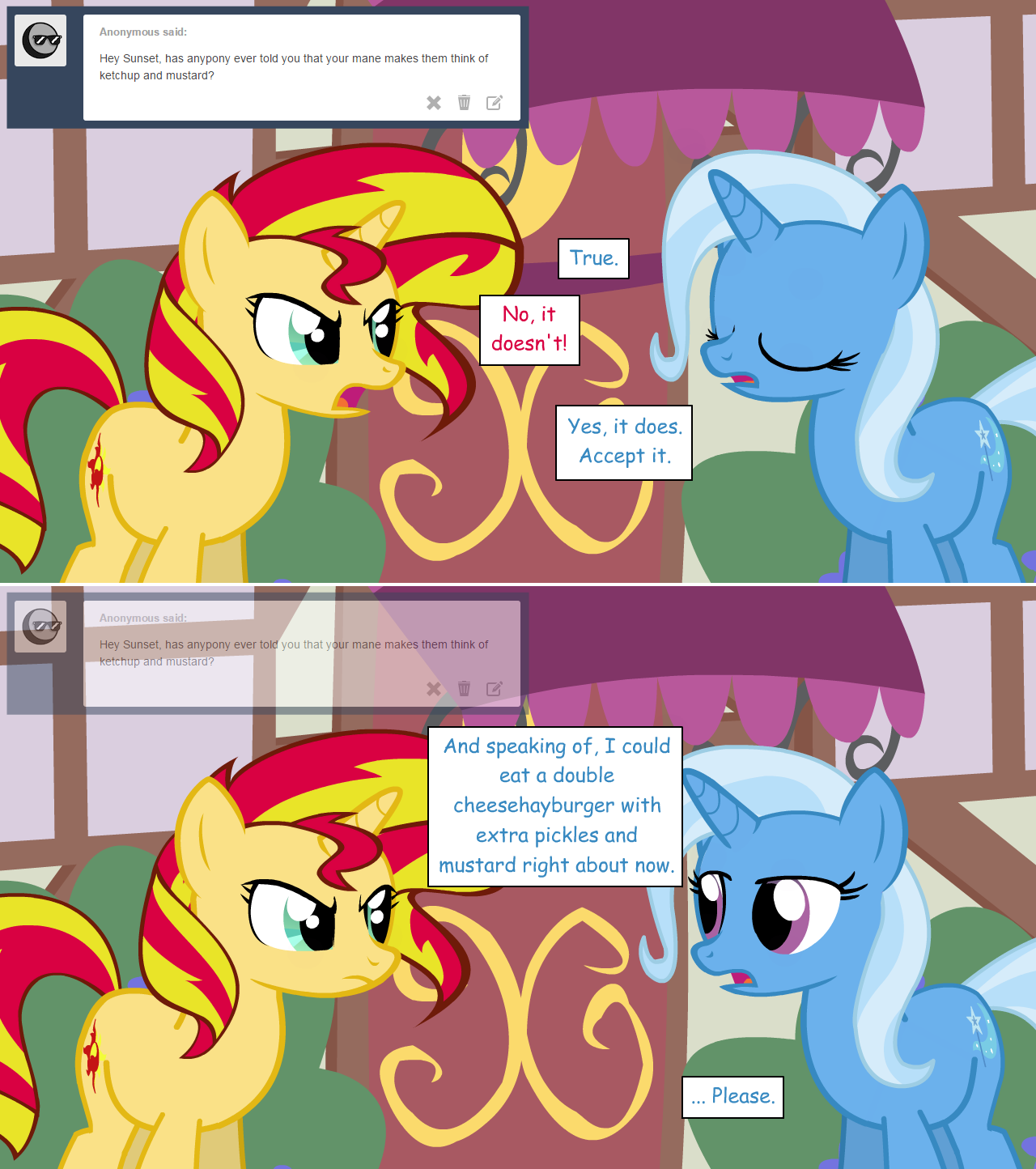 #1668836 - safe, artist:hakunohamikage, sunset shimmer, trixie, pony ...