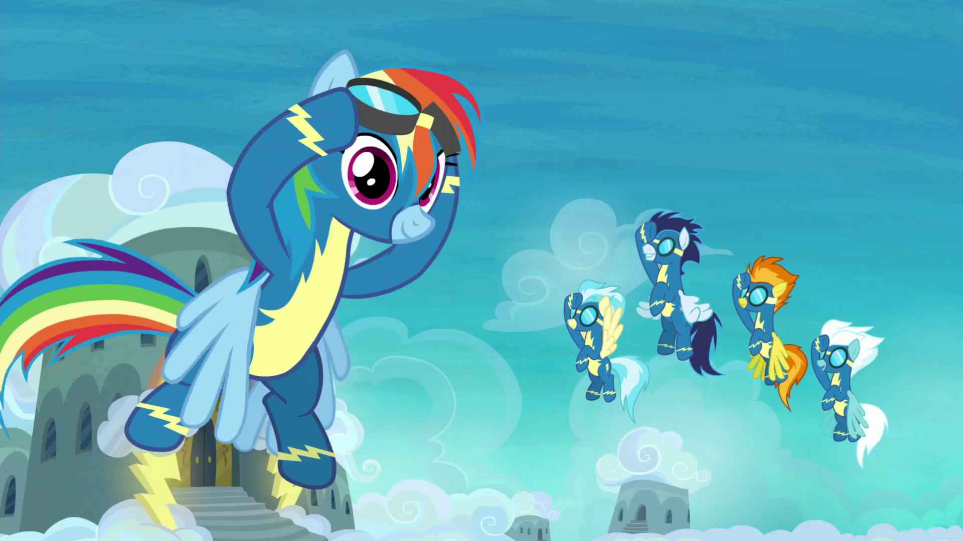 #1696242 - safe, screencap, fleetfoot, misty fly, rainbow dash, soarin ...