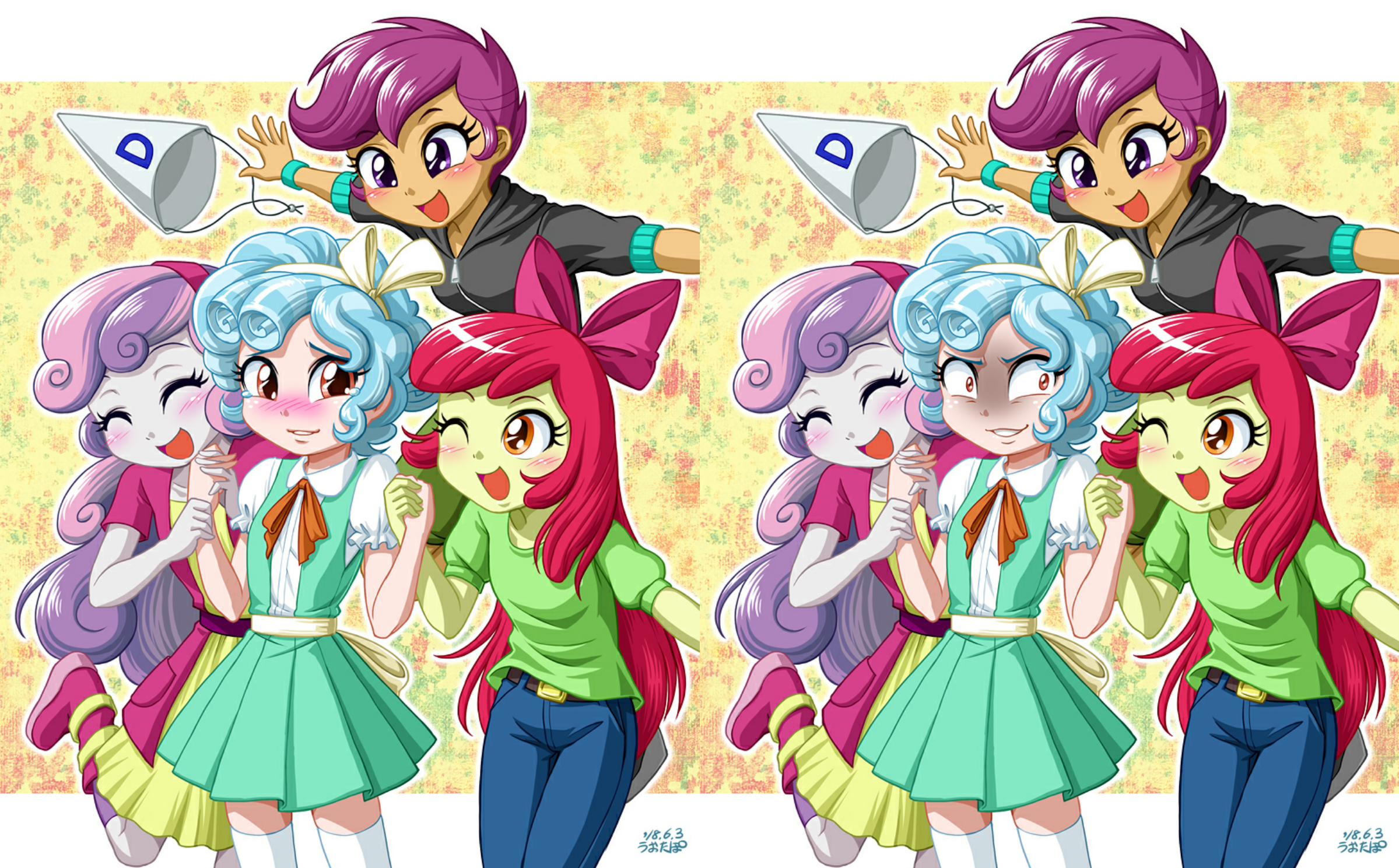 #1748884 - safe, alternate version, artist:uotapo, apple bloom, cozy glow, scootaloo, sweetie ...