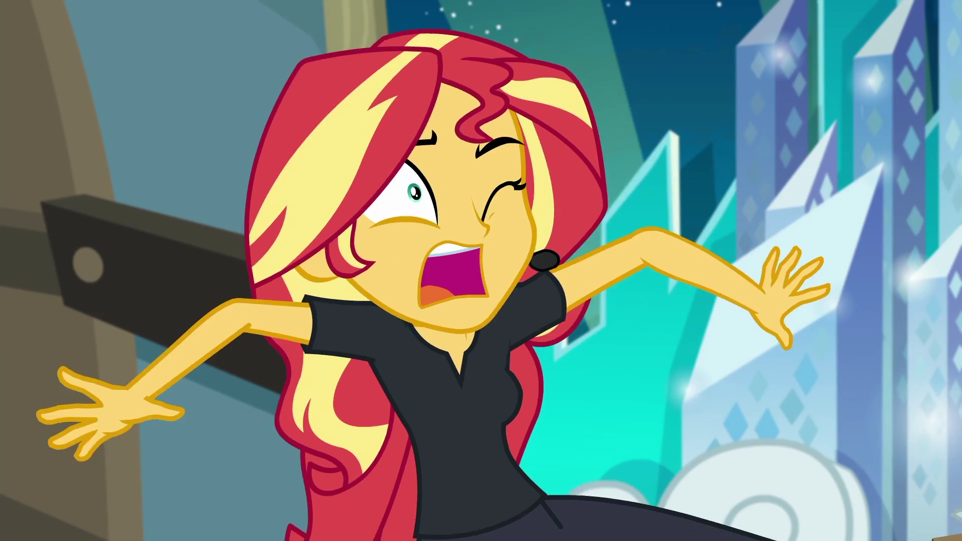 #1797637 - safe, screencap, sunset shimmer, all the world's off stage ...