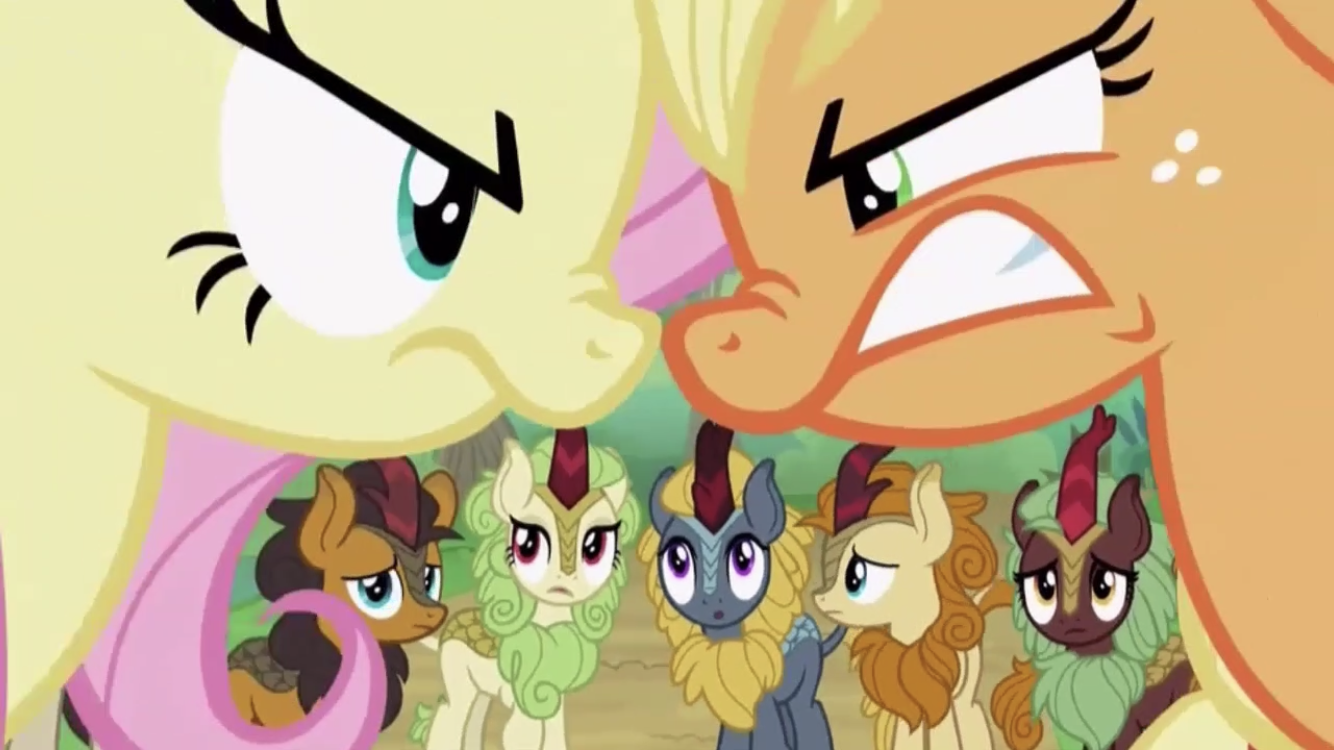 #1834878 - safe, screencap, applejack, autumn afternoon, cinder glow, fluttershy, pumpkin smoke ...