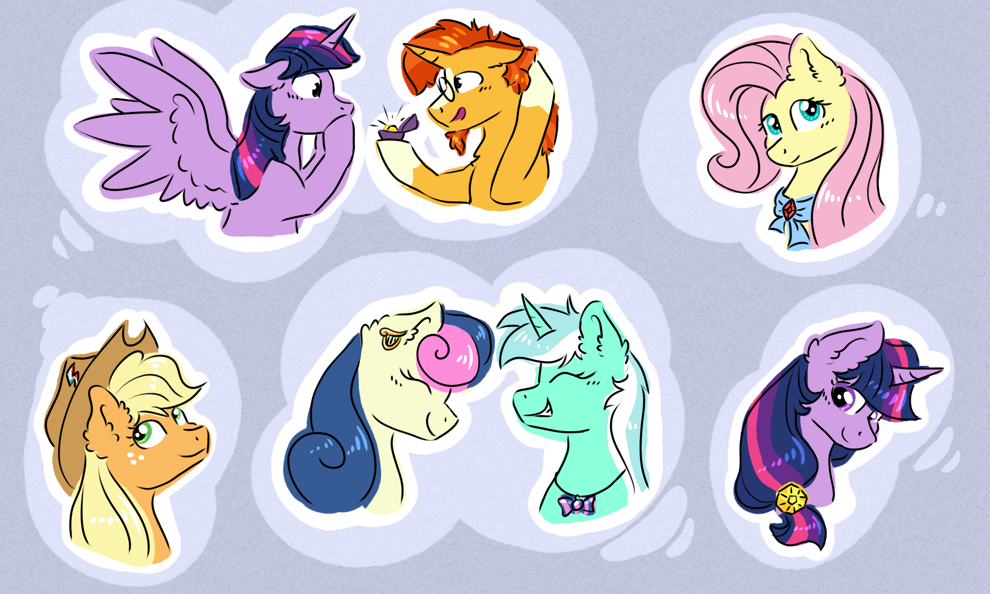 #2171134 - safe, artist:ruushiicz, applejack, bon bon, fluttershy, lyra ...