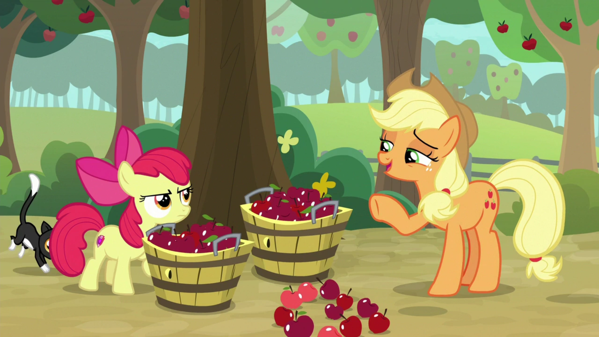 #2158810 - safe, screencap, apple bloom, applejack, cat, going to seed ...