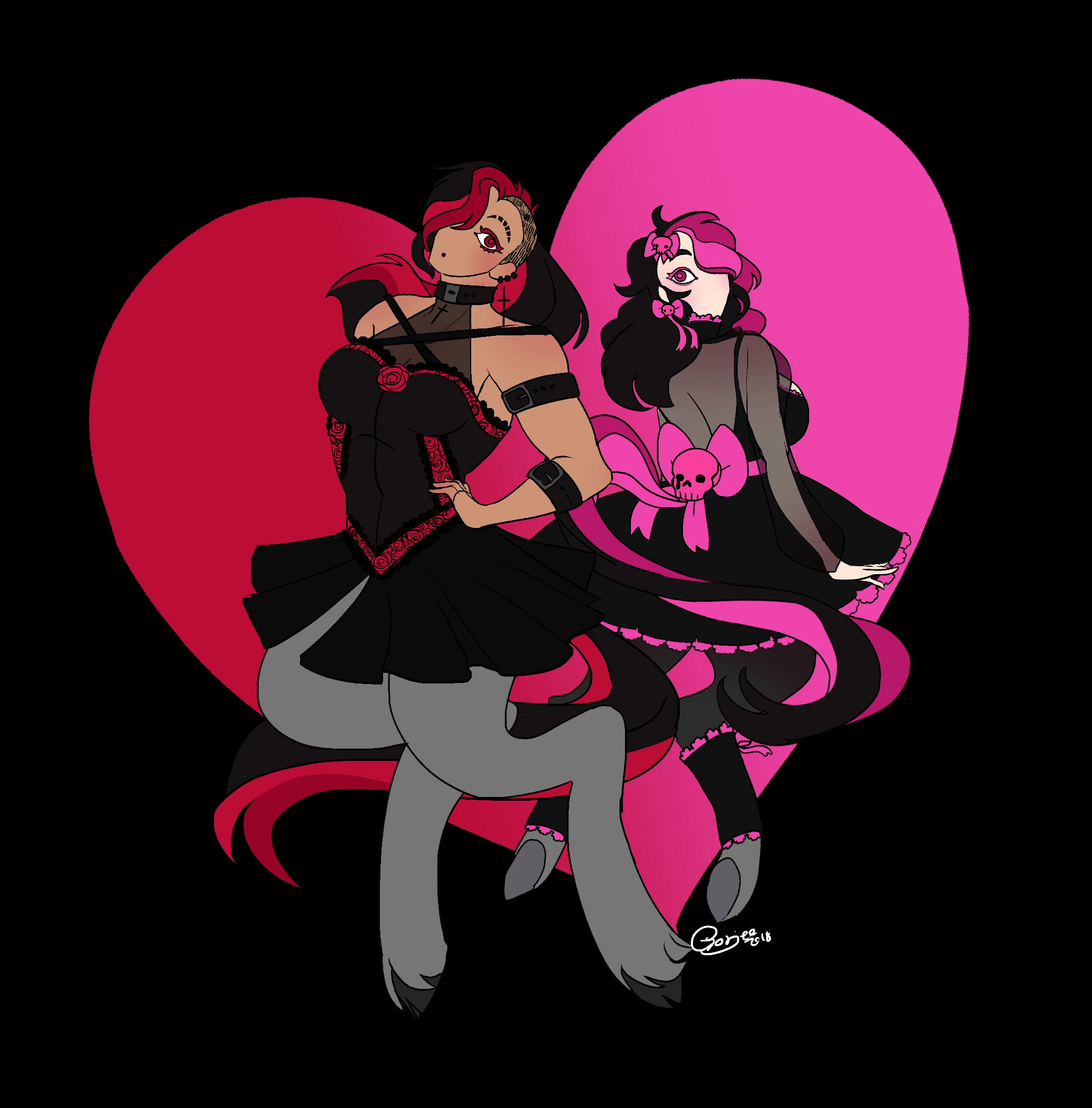 #2038357 - safe, artist:gorjeenebula, oc, oc:bella, oc:hiki, satyr, clothes, dress, goth, heart ...