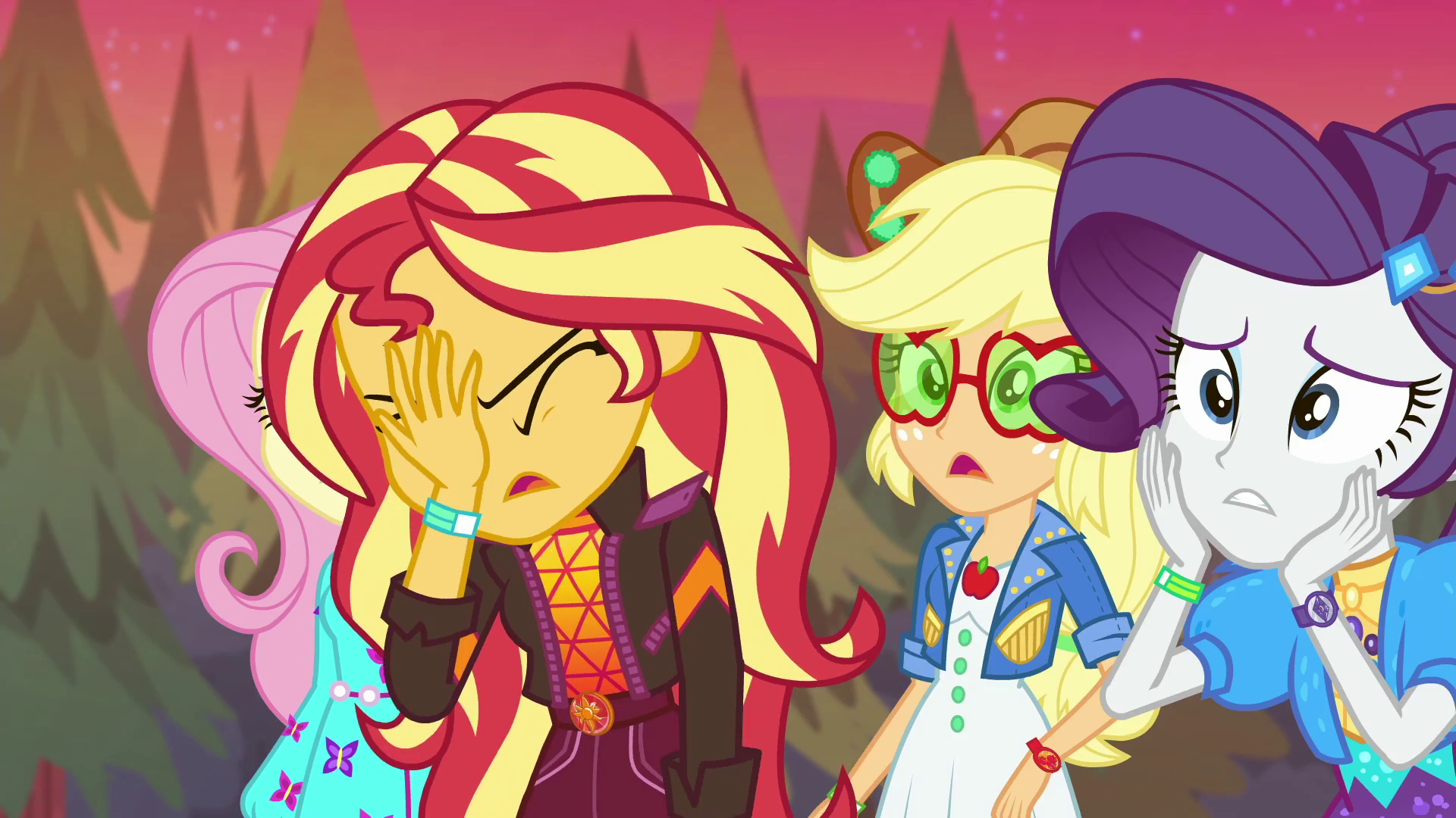 #2253943 - safe, screencap, applejack, fluttershy, rarity, sunset shimmer, equestria girls ...