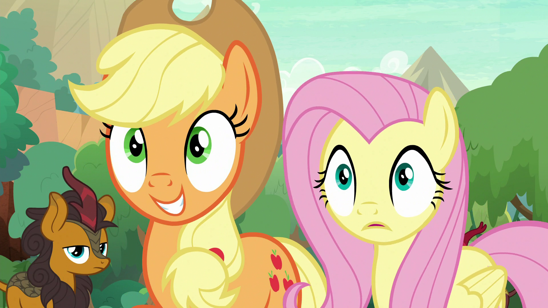 #2548702 - safe, screencap, applejack, fluttershy, pumpkin smoke, earth ...