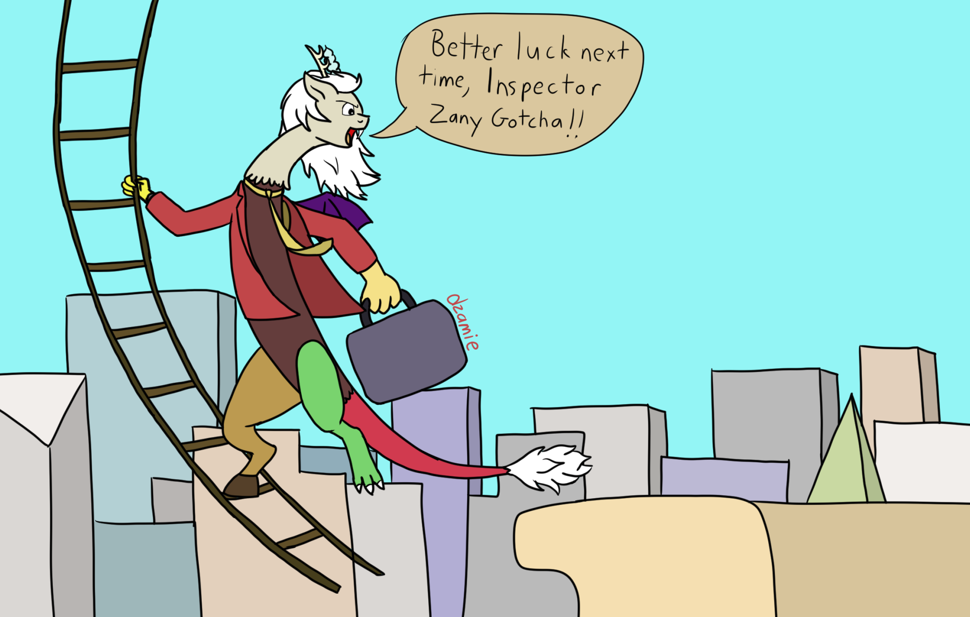 #2637064 - safe, artist:dzamie, discord, draconequus, city, clothes ...