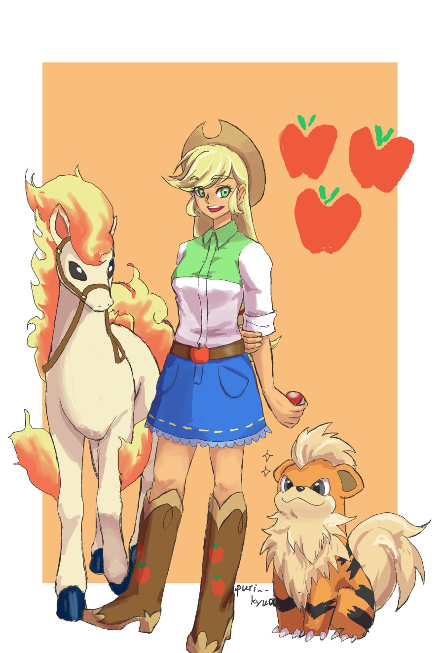 #2780104 - safe, artist:puri__kyua, applejack, growlithe, ponyta ...