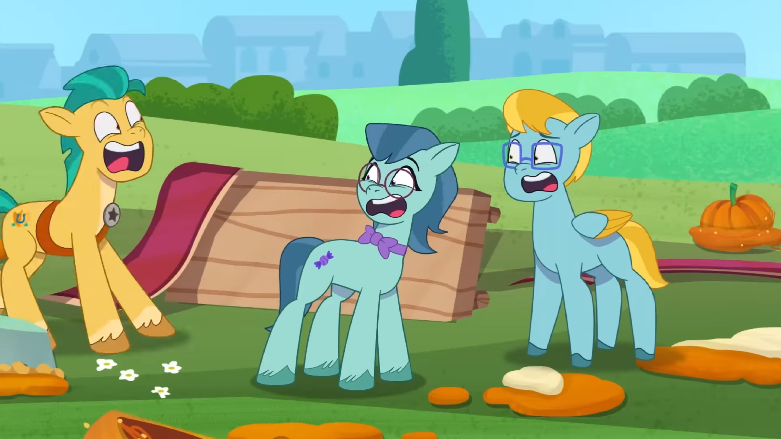 #2976993 - safe, screencap, delightful trifle, feather clips, hitch trailblazer, earth pony ...