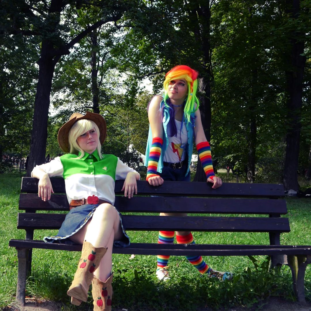 #2988648 - safe, applejack, rainbow dash, human, bench, clothes ...