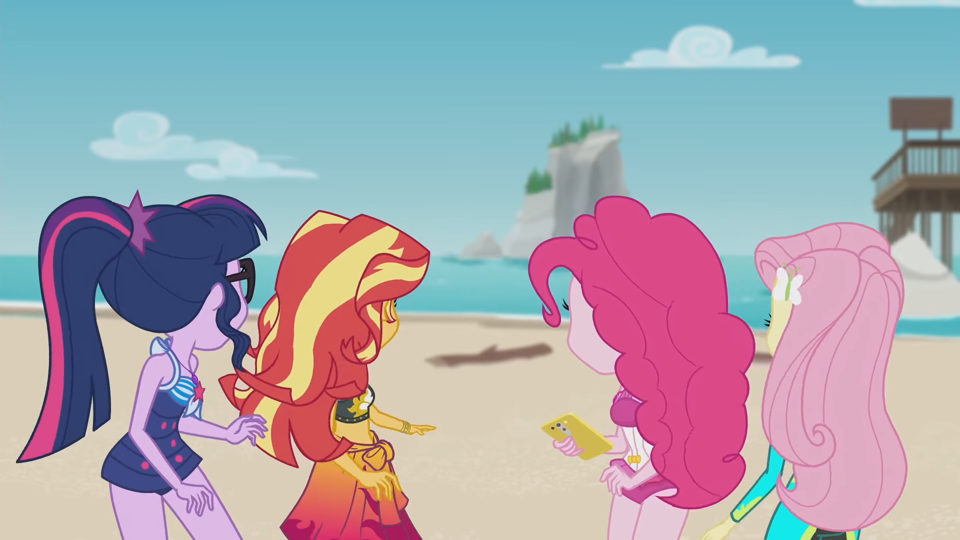 2991561 Safe Screencap Fluttershy Pinkie Pie Sci Twi Sunset