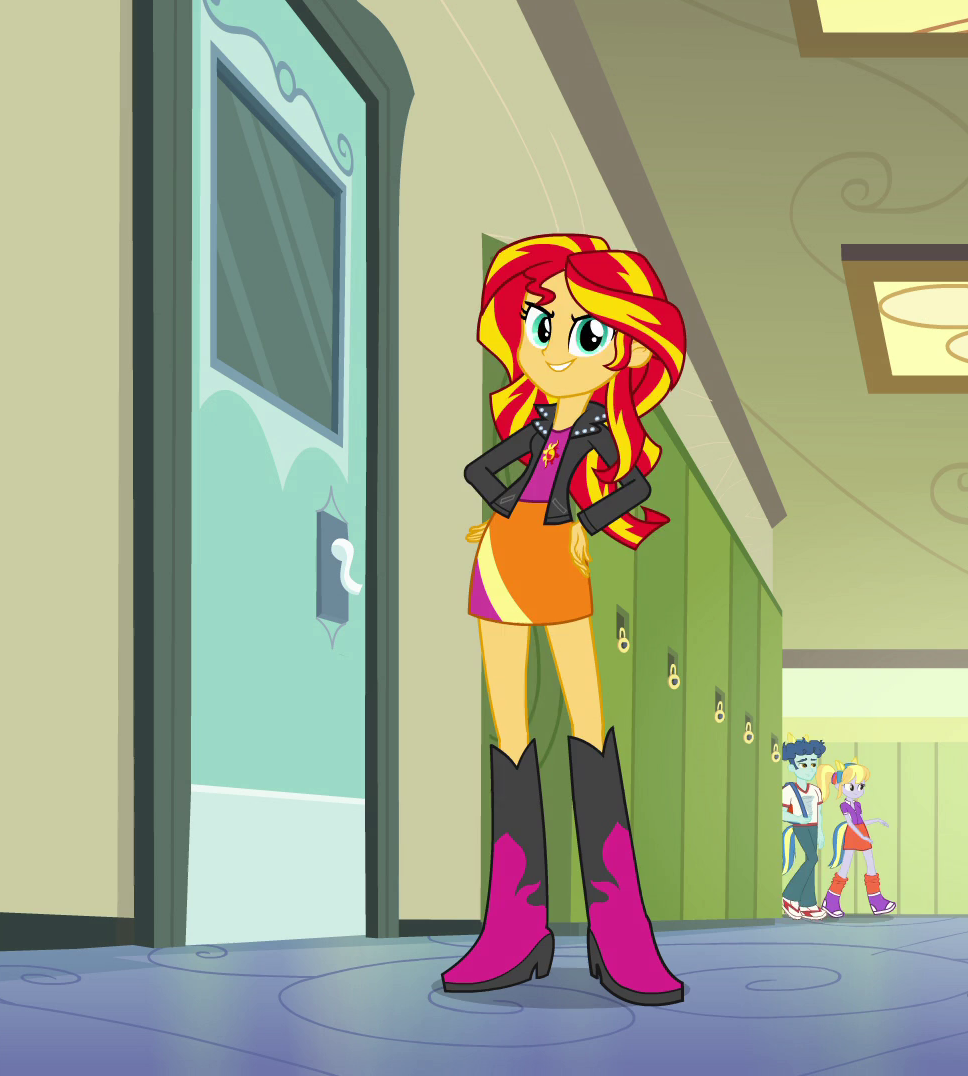 #2994988 - safe, screencap, curly winds, some blue guy, sunset shimmer ...