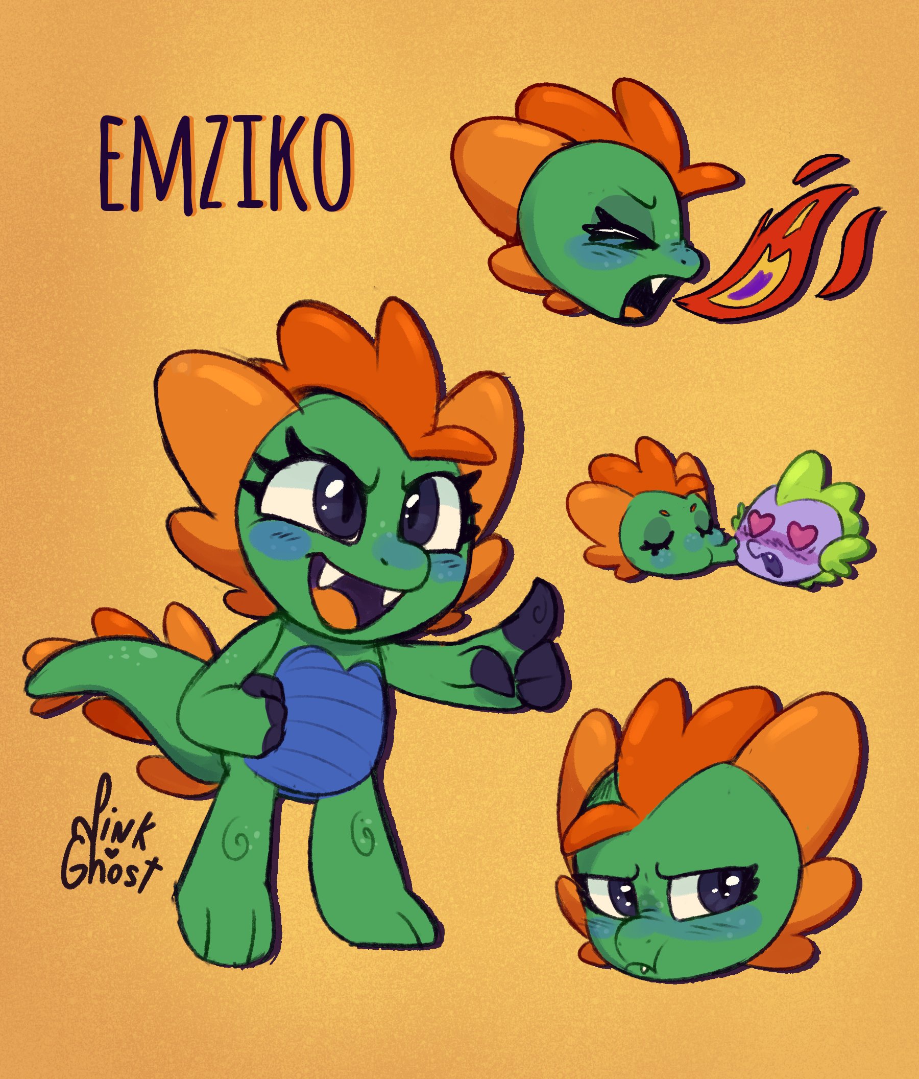 #2997703 - safe, artist:lilpinkghost, spike, oc, oc:emziko, dragon, blush sticker, blushing ...