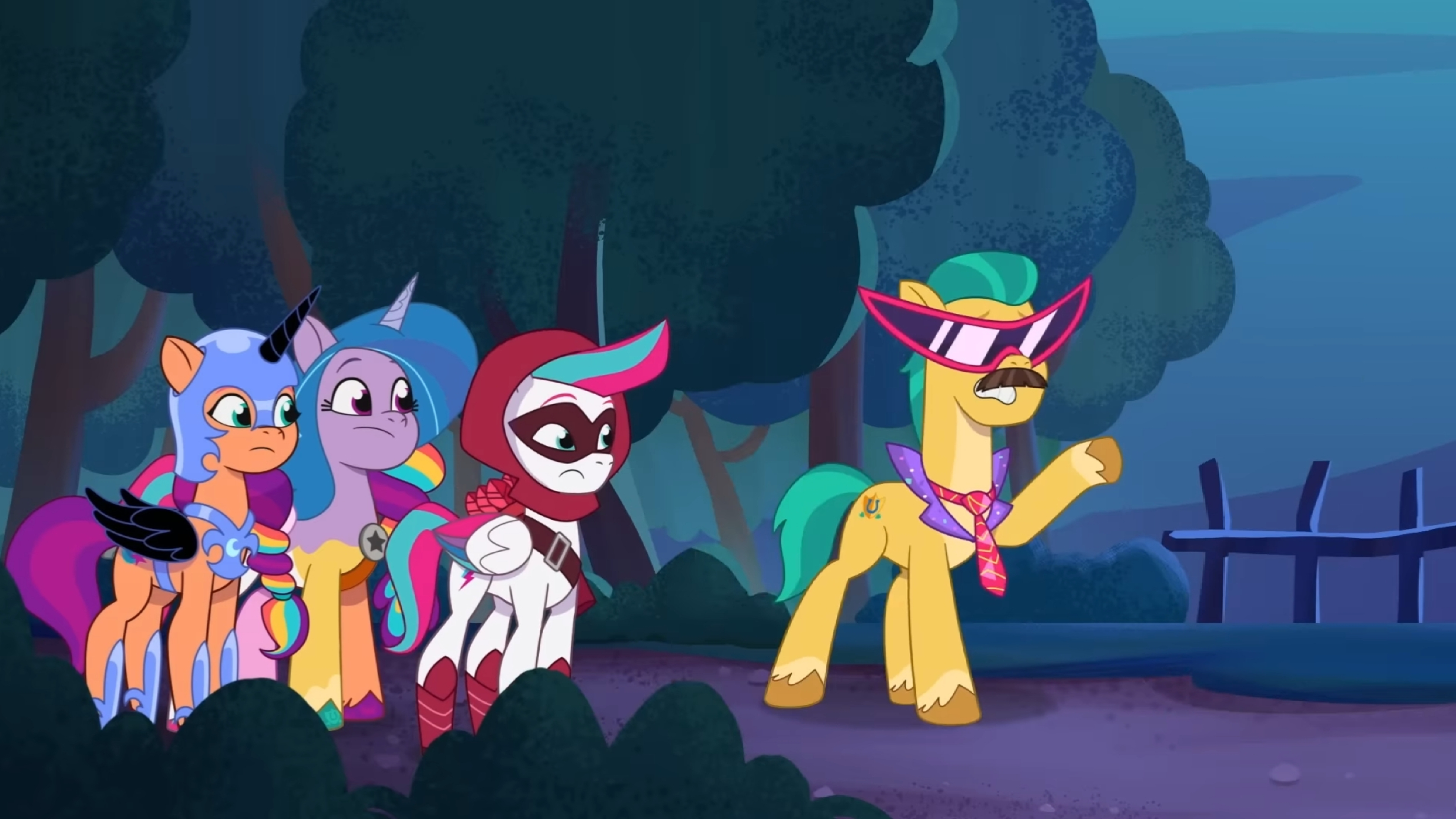 #2981458 - safe, screencap, hitch trailblazer, izzy moonbow, nightmare moon, sunny starscout ...