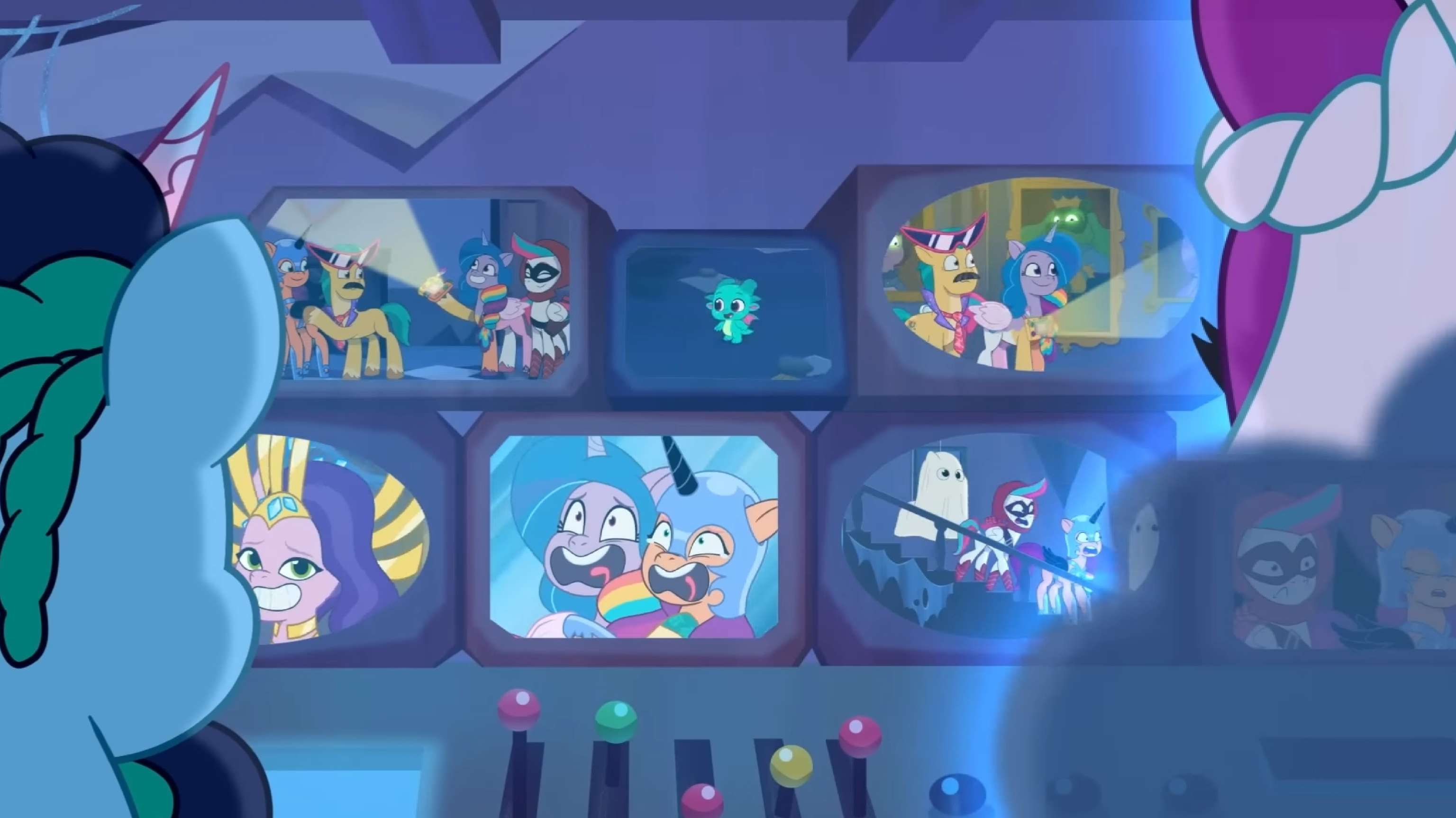 #2982101 - safe, screencap, hitch trailblazer, izzy moonbow, misty, nightmare moon, opaline ...