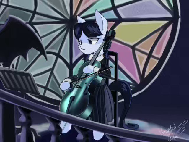 #3008350 - safe, artist:hauntedtuba, earth pony, pony, bow (instrument ...