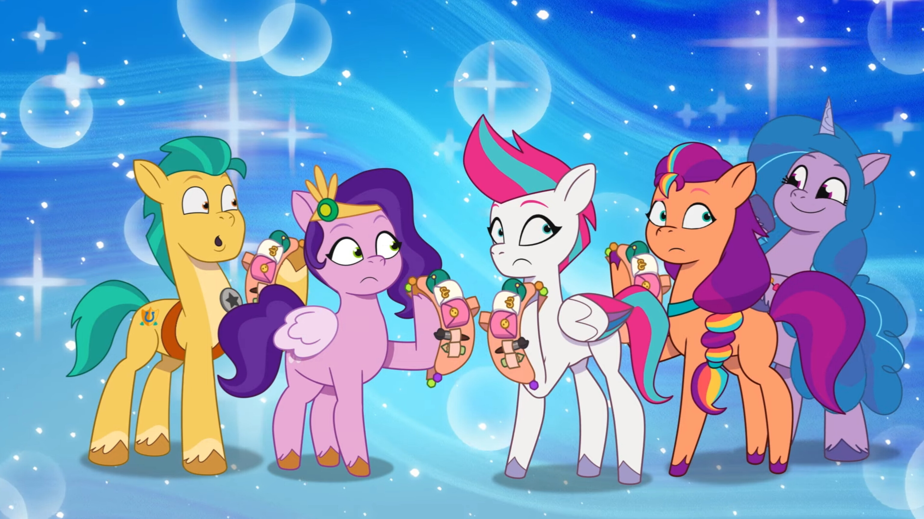 #3008751 - safe, screencap, hitch trailblazer, izzy moonbow, pipp petals, sunny starscout, zipp ...