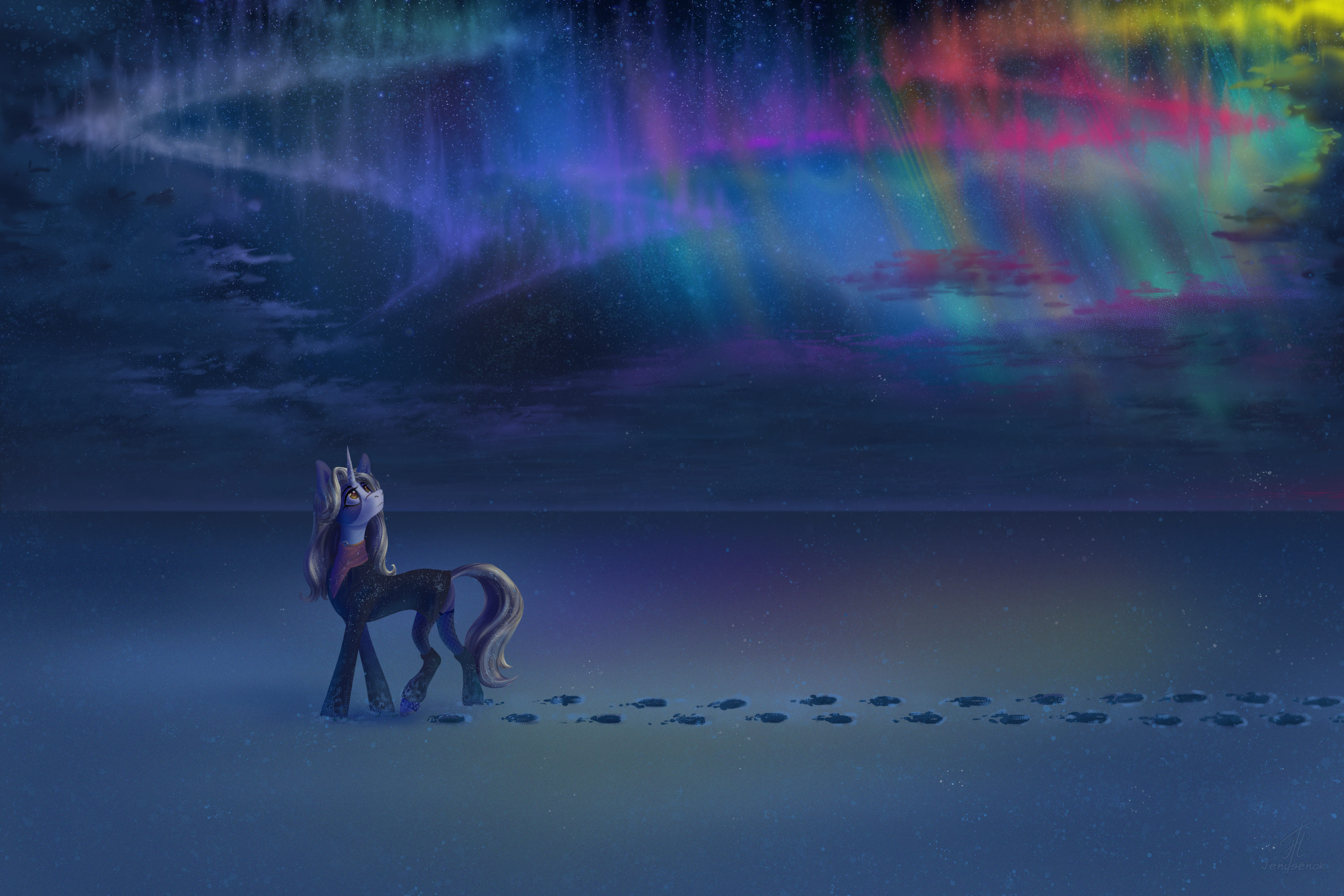 #3017095 - safe, artist:jehr, pony, unicorn, aurora borealis, field ...