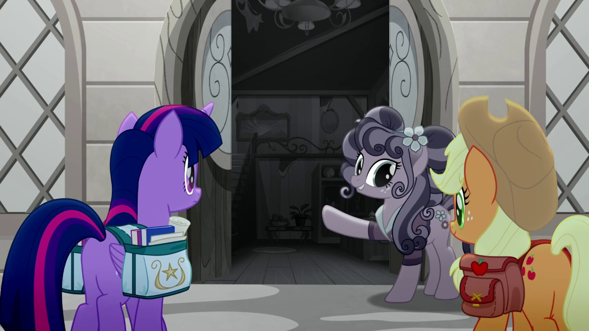 #2868871 - safe, screencap, applejack, petunia petals, twilight sparkle, alicorn, earth pony ...