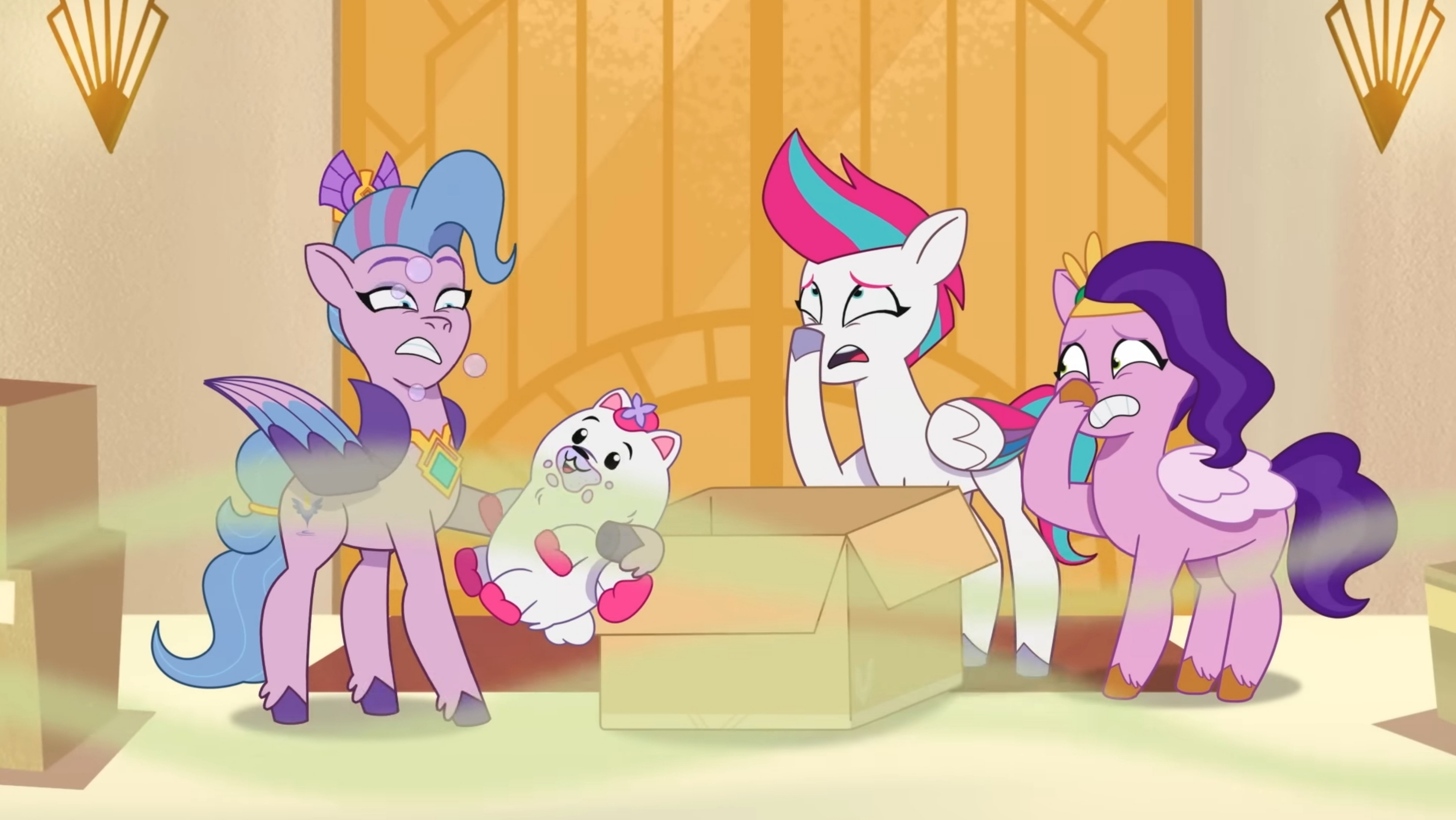 #2941044 - safe, screencap, cloudpuff, pipp petals, queen haven, zipp storm, dog, flying ...