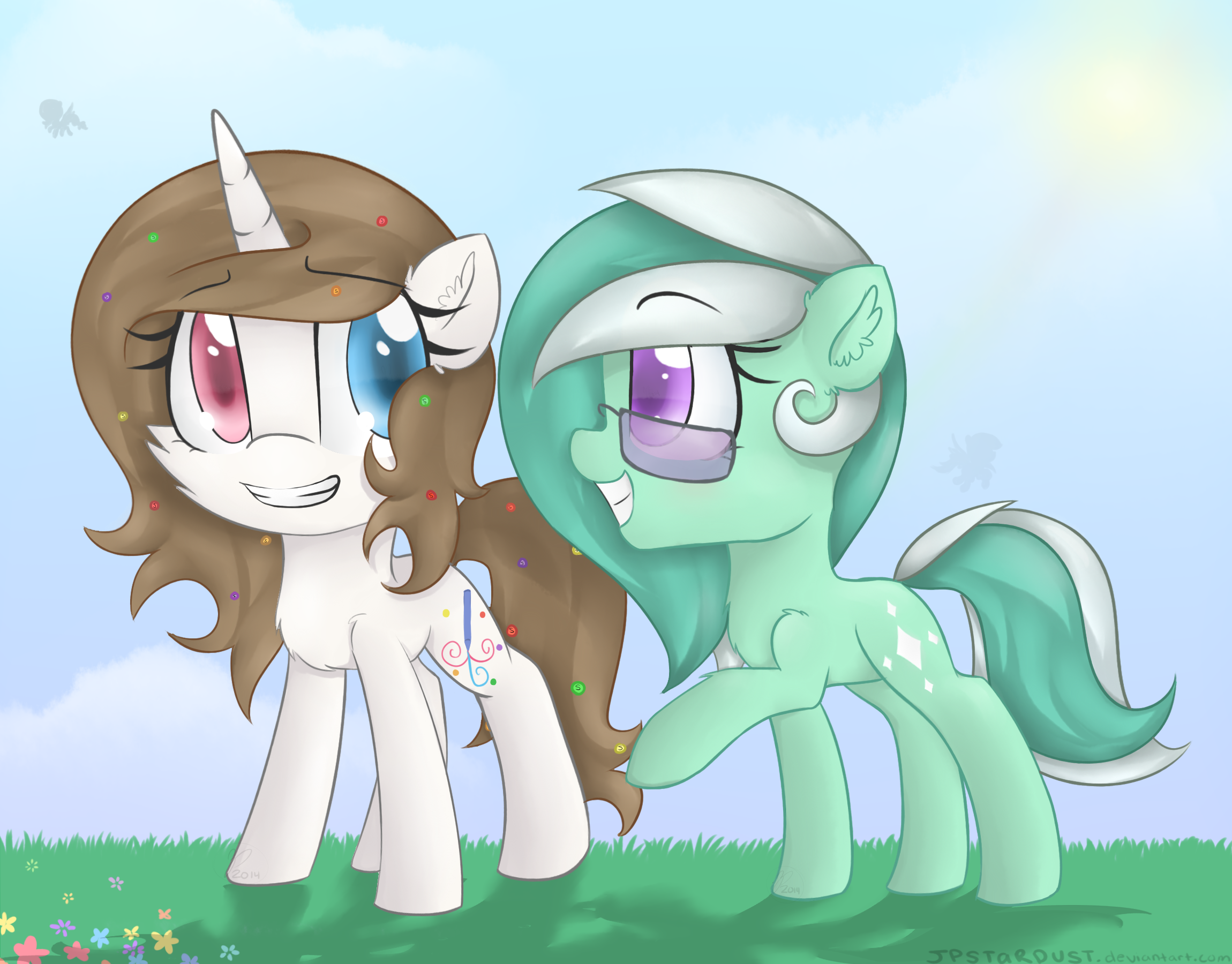 #2941709 - safe, artist:meotashie, oc, oc only, earth pony, pony, unicorn, cheek fluff, duo ...