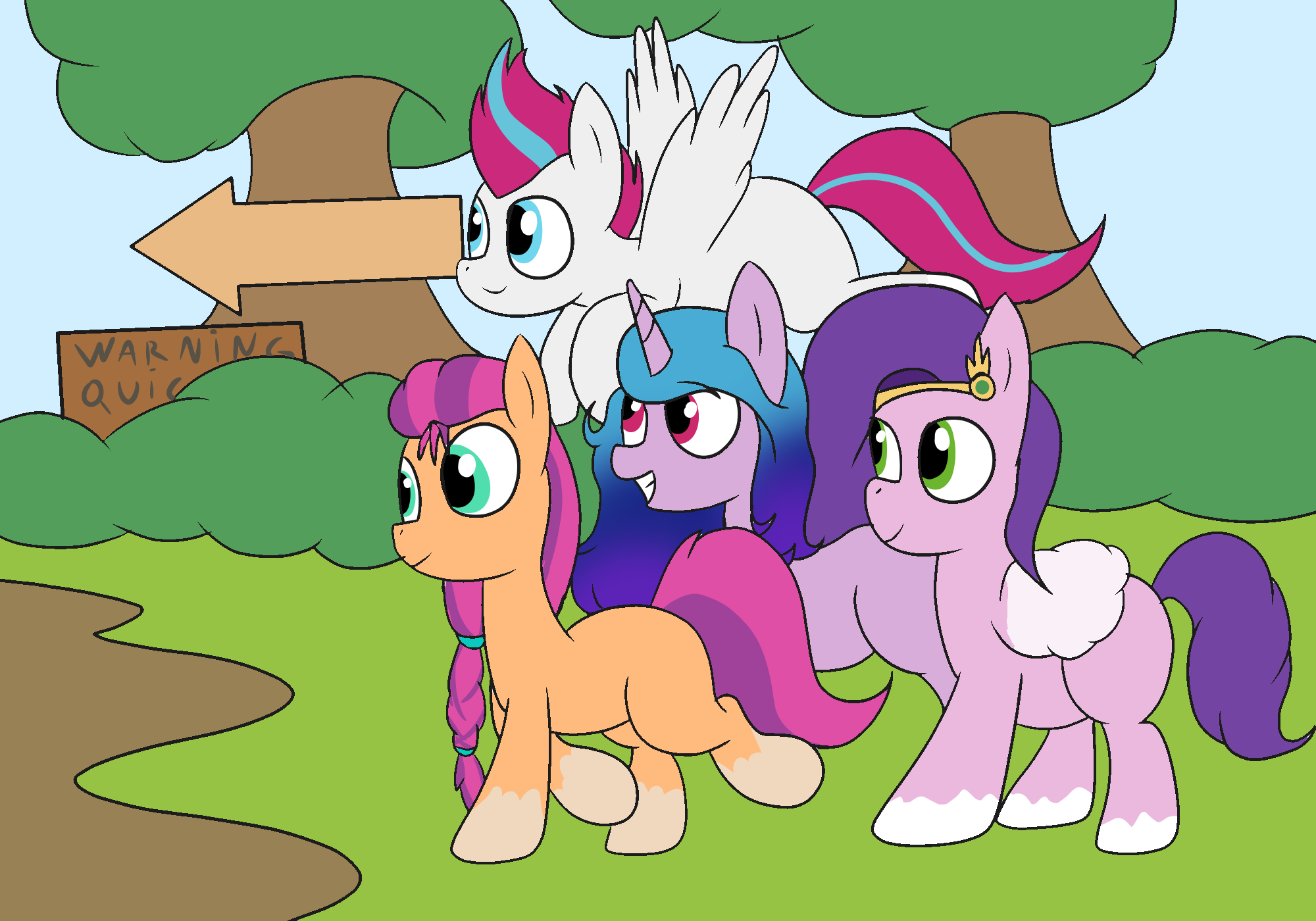 #3035226 - safe, artist:amateur-draw, izzy moonbow, pipp petals, sunny starscout, zipp storm ...