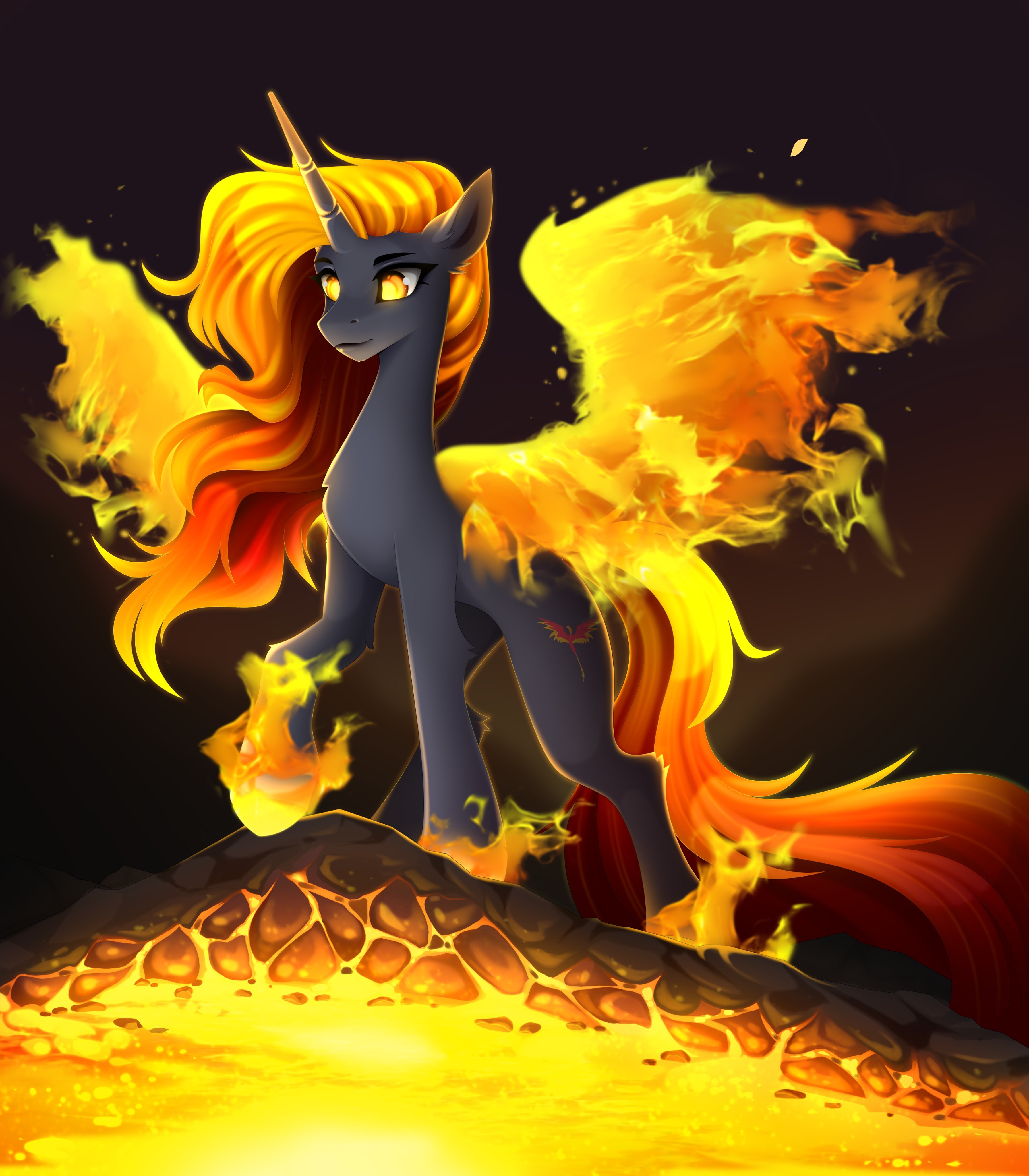 #3020071 - safe, artist:buvanybu, oc, oc only, pony, unicorn, fiery wings, horn, raised hoof ...
