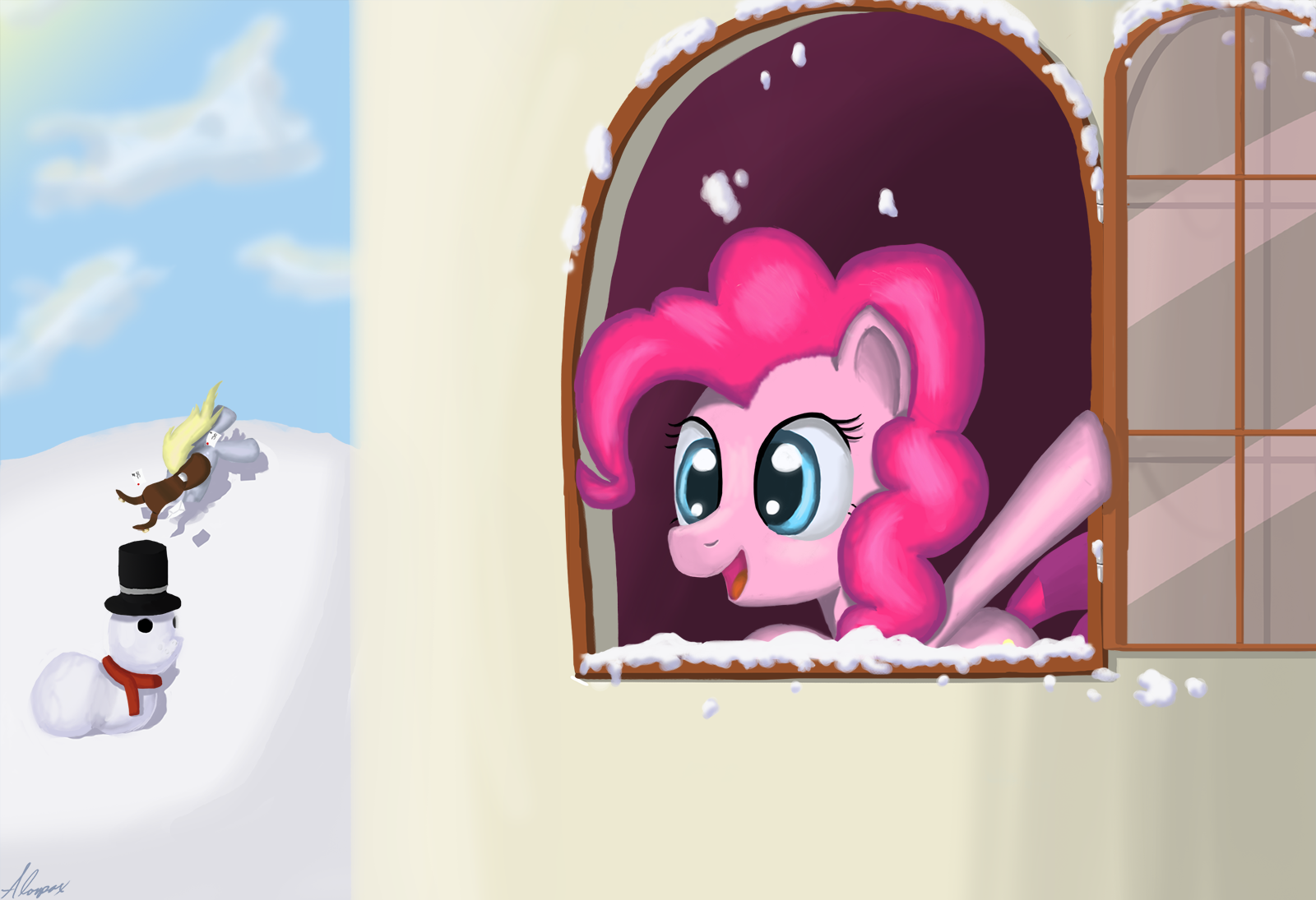 #3229047 - safe, artist:alorpax, derpy hooves, pinkie pie, pony, snow ...