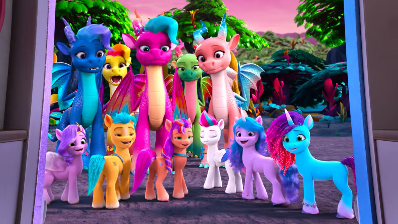 #3245612 - safe, screencap, blaize skysong, fountain (g5), hitch trailblazer, izzy moonbow, leaf ...