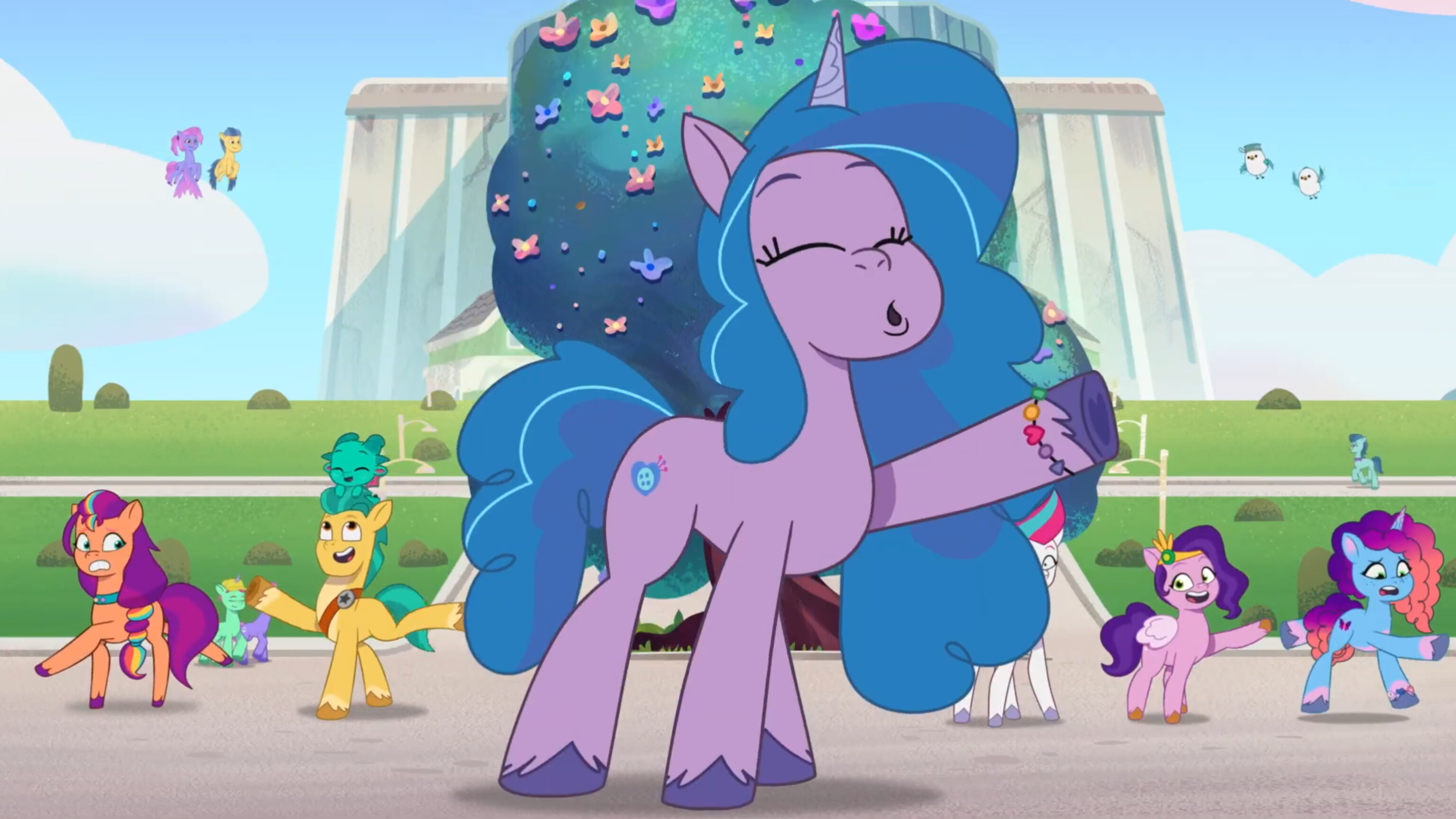 #3246627 - safe, screencap, delightful trifle, hitch trailblazer, izzy moonbow, kenneth, lemon ...