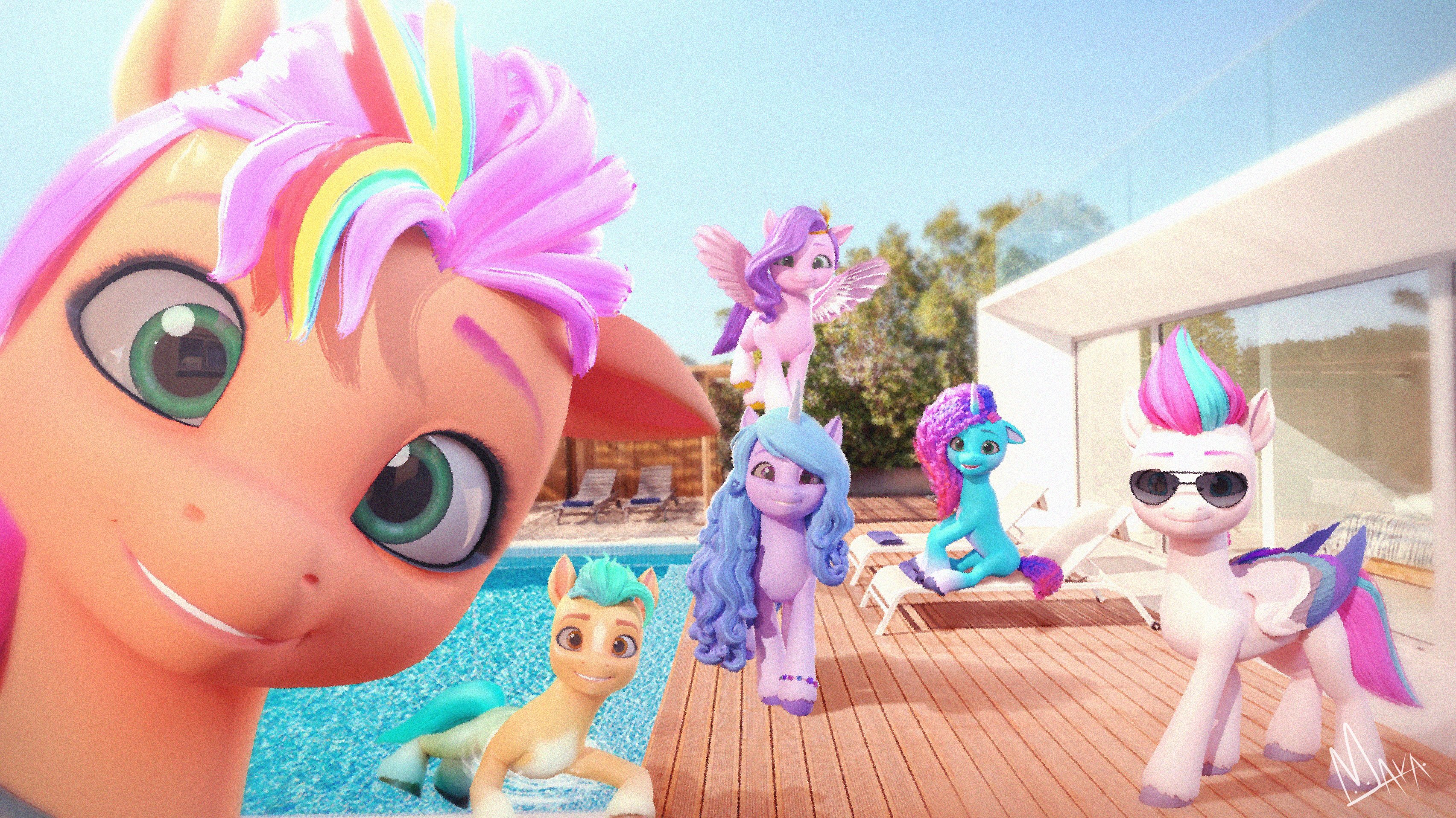 #3248209 - safe, artist:makaryo, hitch trailblazer, izzy moonbow, misty brightdawn, pipp petals ...